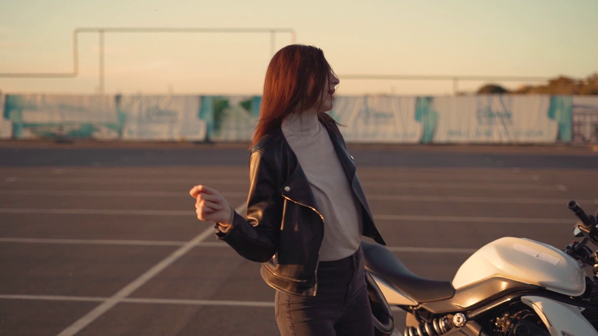 Young Woman Motorcyclist Dancing Next To Stock Footage SBV-337863847 ...