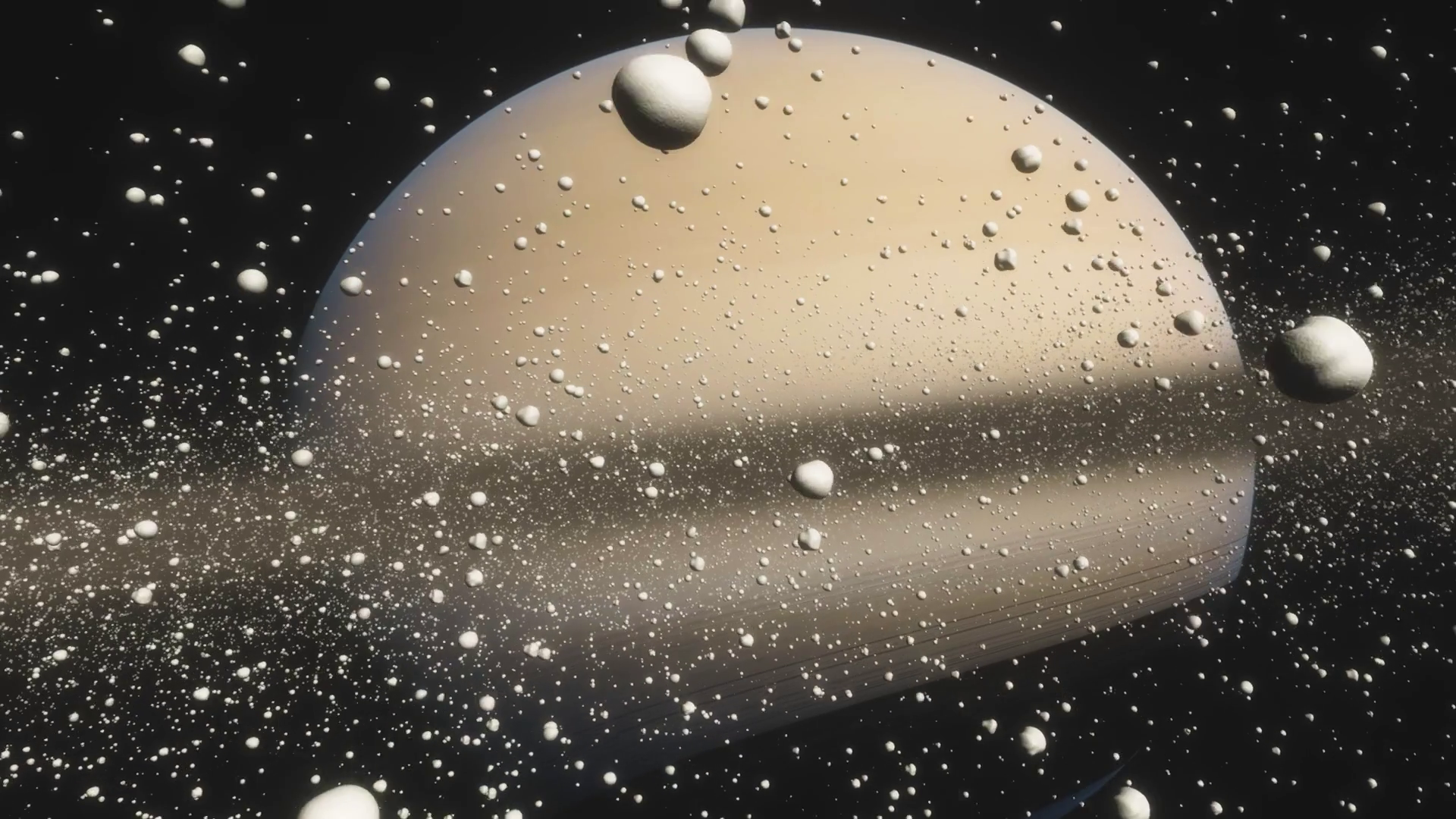 Cinematic animation of rings made of stones, dust and ice. Planet ...