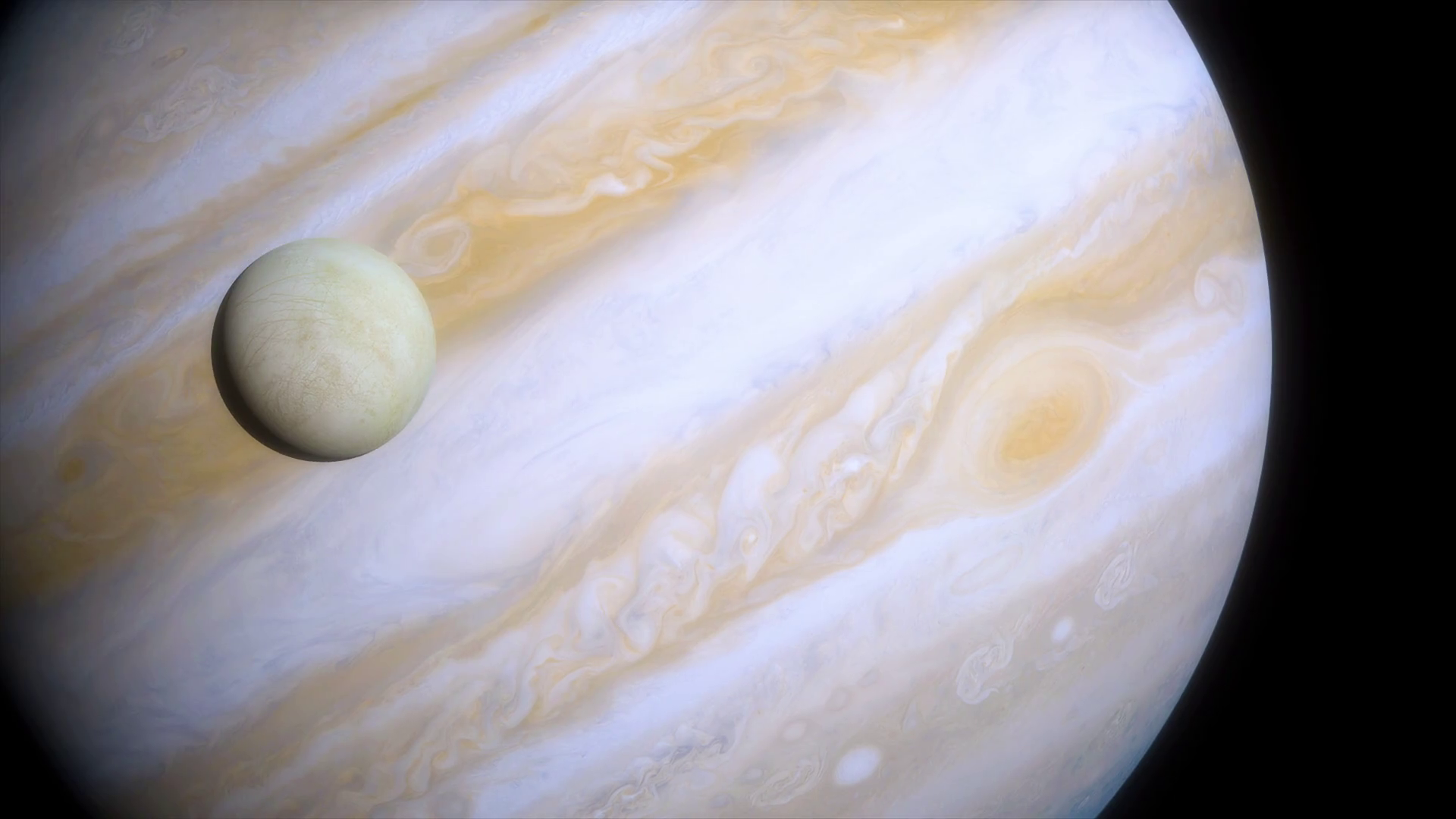 Ice moon Europa on the background of the large gas planet Jupiter ...