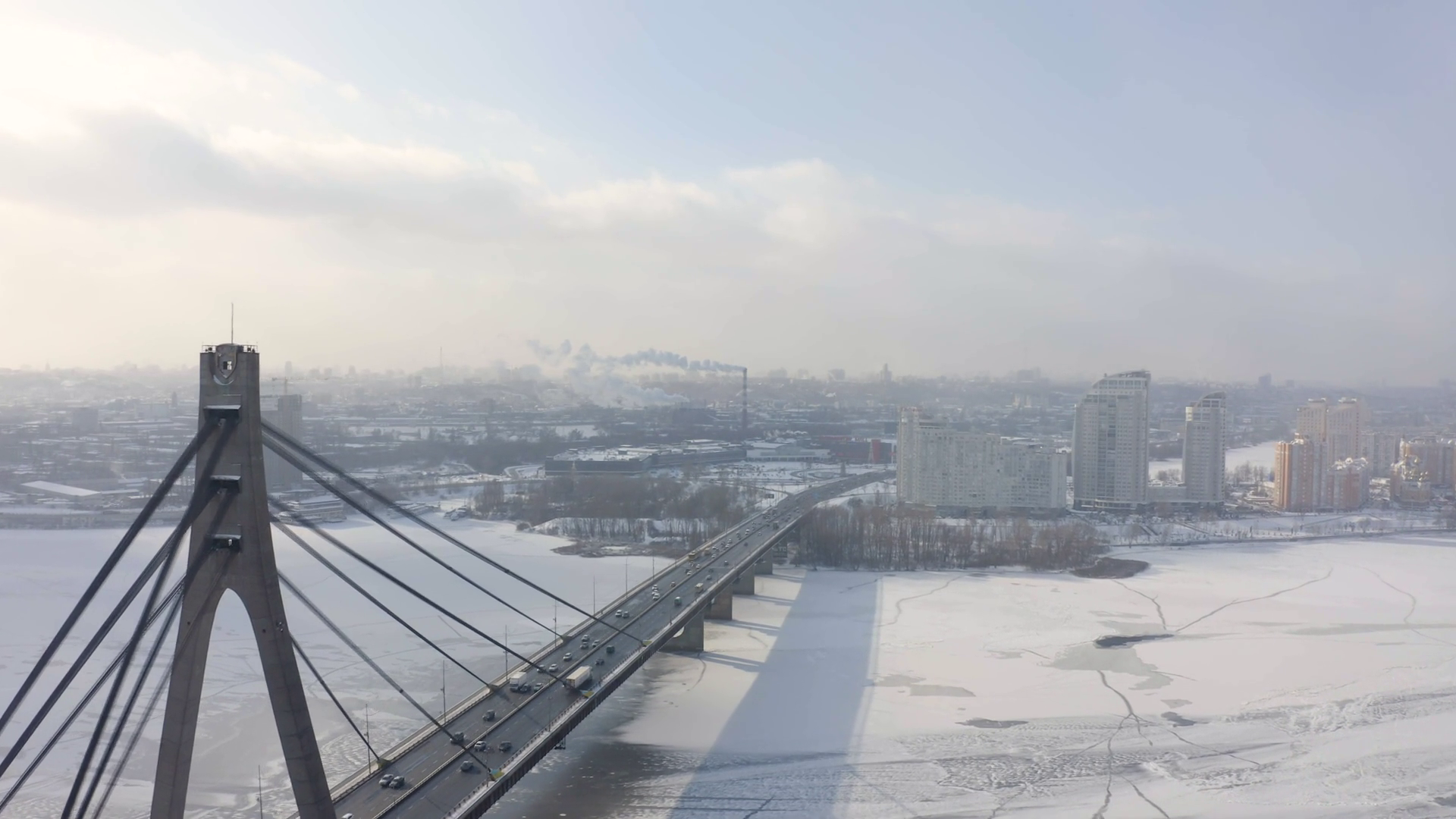 Ice Covered River With Bridge In Snowy Urban Stock Footage SBV ...