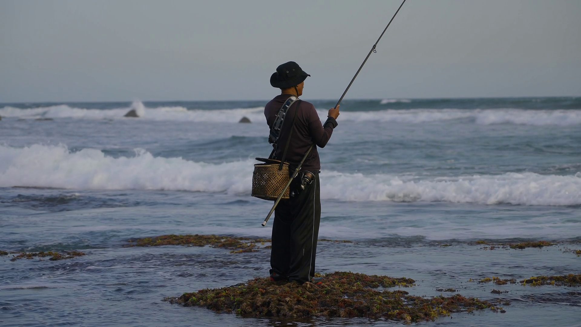 Shore Fisherman On Algae Covered Rocky Reef Stock Footage SBV-353294486 ...