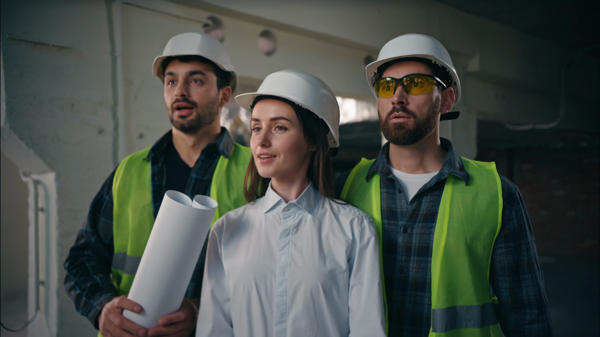 Three Surprised Caucasian Men Builders Woman Stock Footage SBV ...