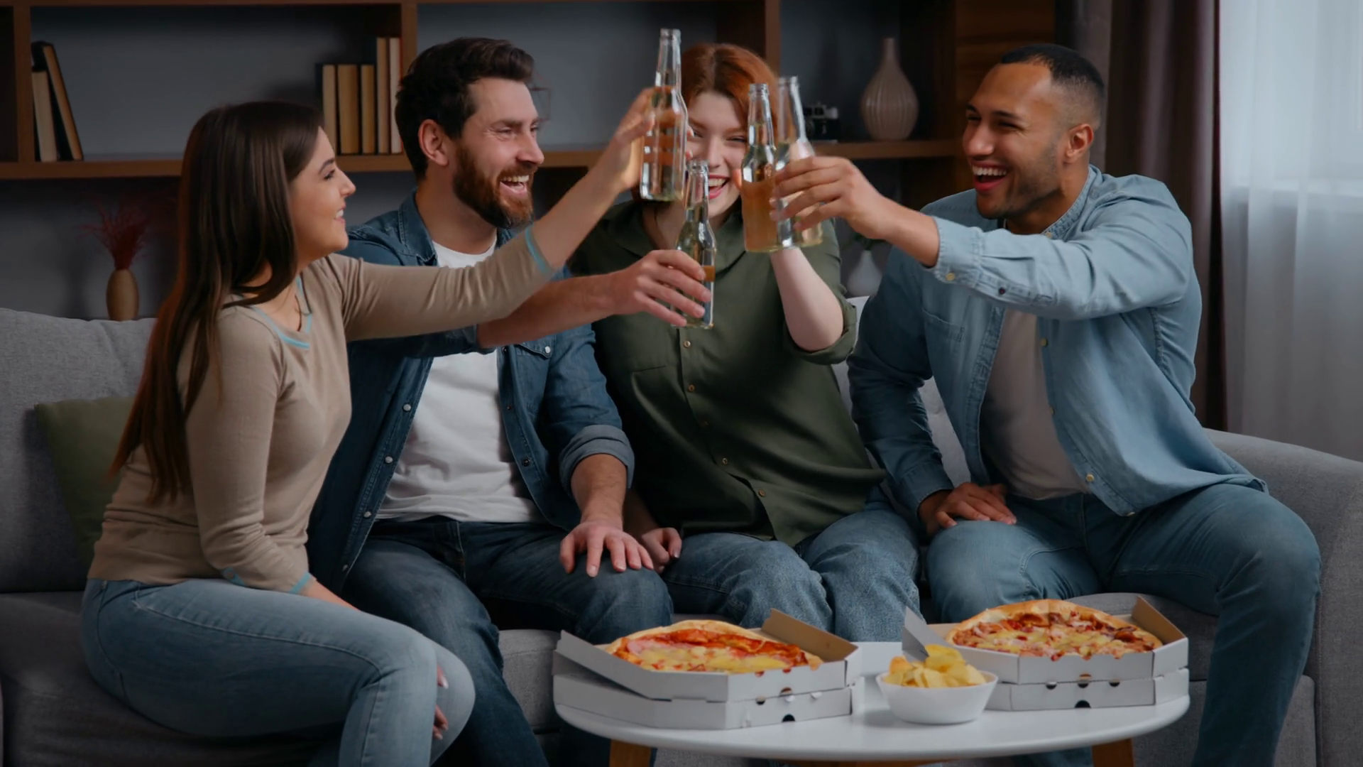 Happy Multiethnic Four Friends At Home Party Stock Footage SBV ...