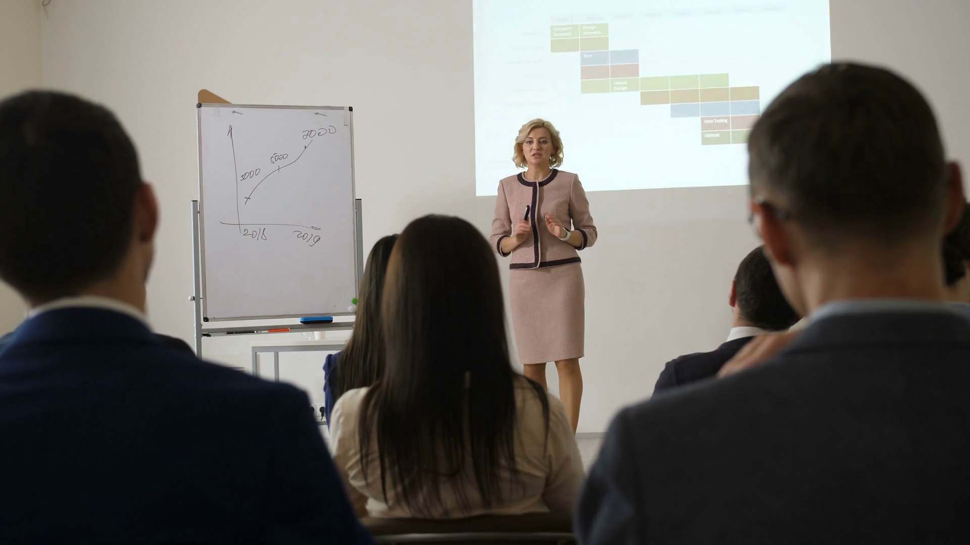 Well trained female spokesperson showing presention material on big ...