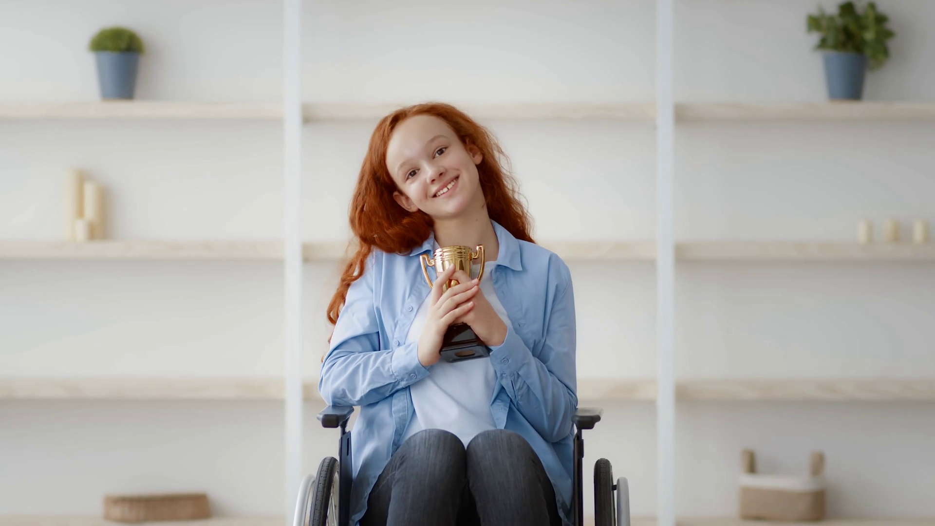 A Cheerful Redhead Girl With Disability Is Stock Footage SBV-351734659 ...