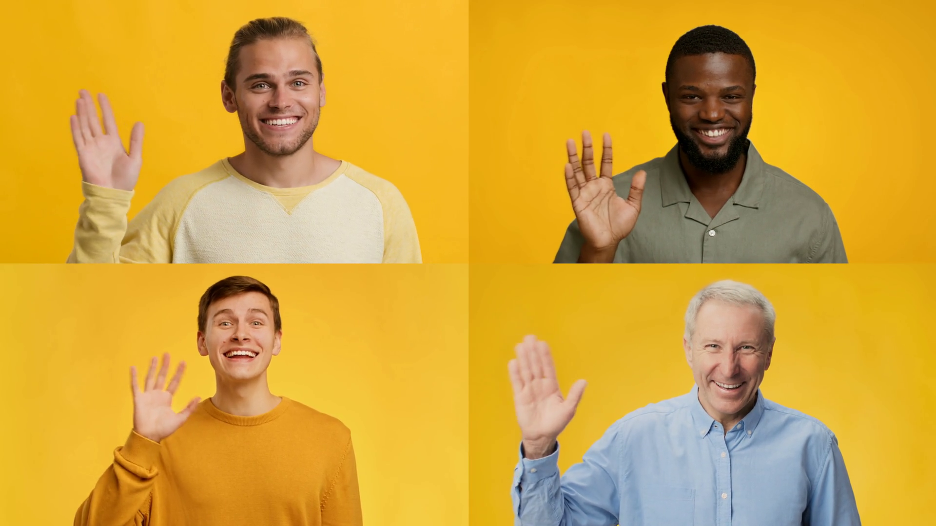 Four People Smile Wave Hands In Friendly Stock Footage SBV-351824552 ...