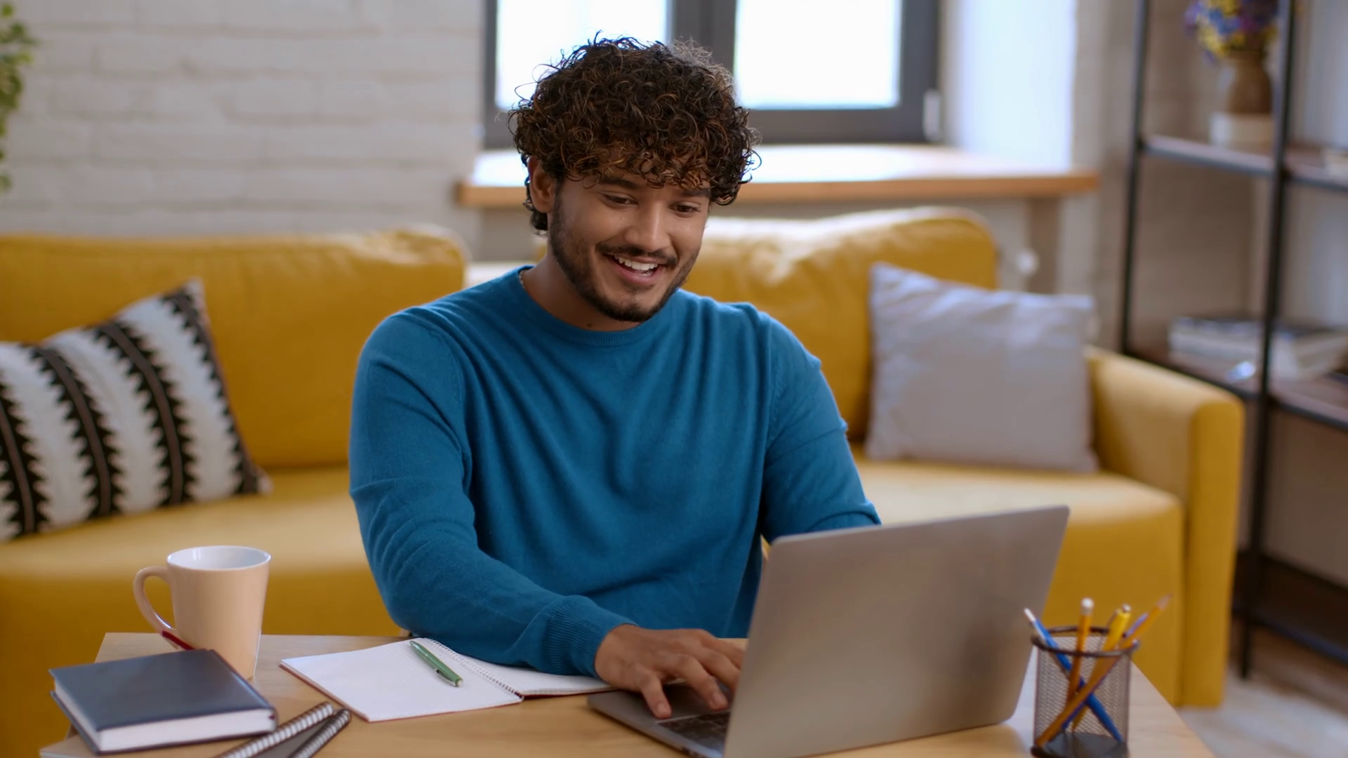 Positive Indian Guy Working Distantly At Stock Footage SBV-348546422 ...