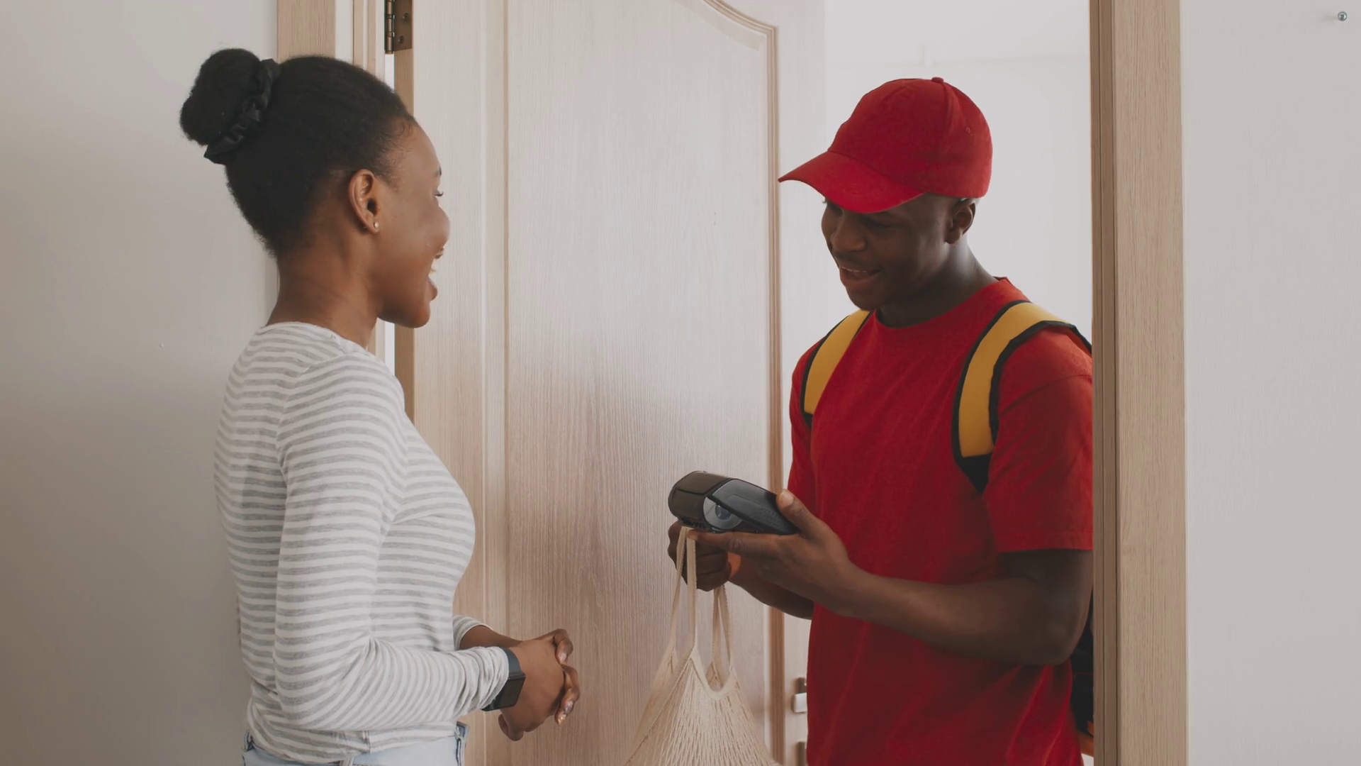 Food Delivery Black Courier Guy Delivering Stock Footage SBV-346560918 ...