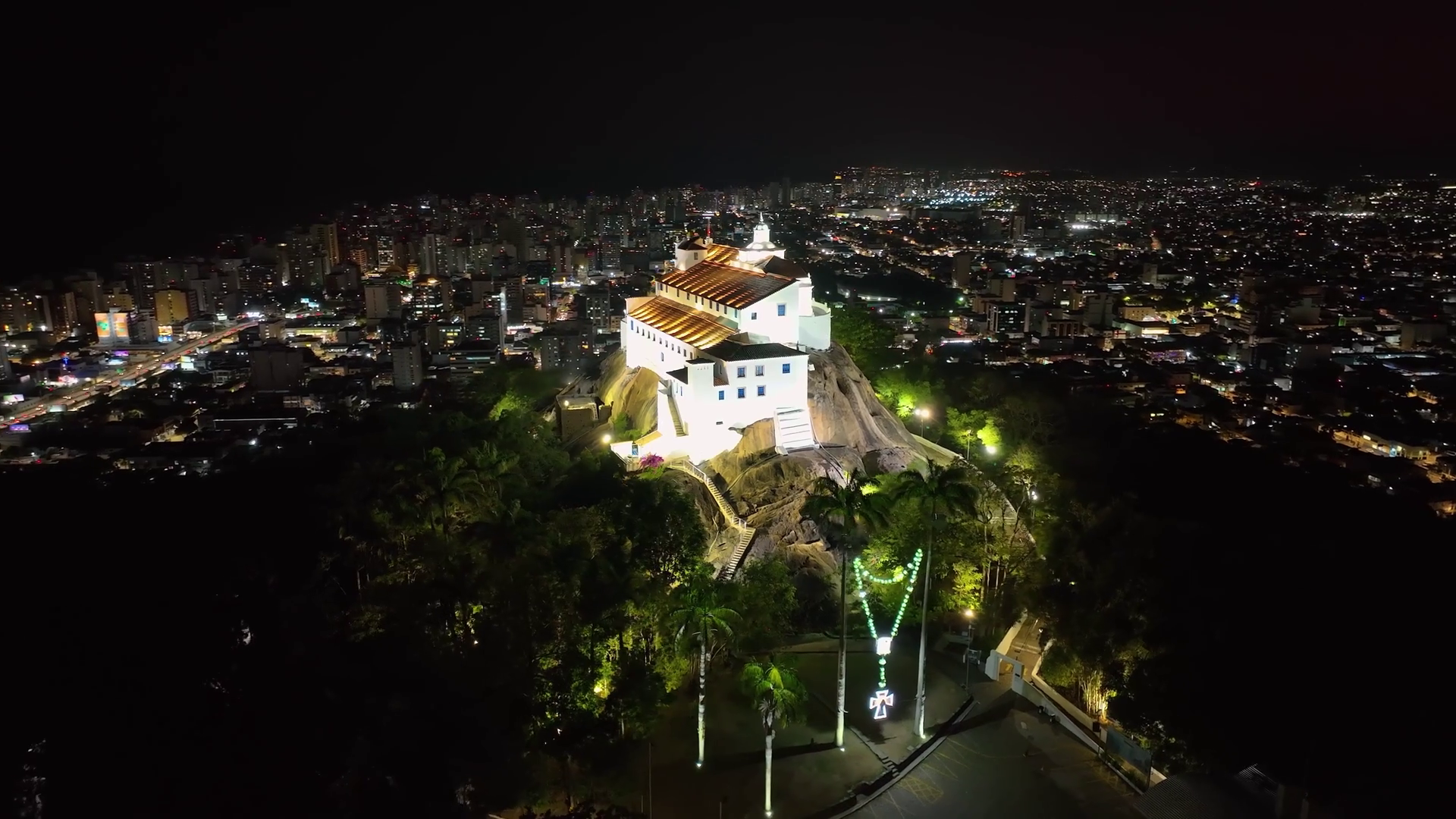Night Aerial View Of Penha Church At Vitoria Stock Footage SBV ...