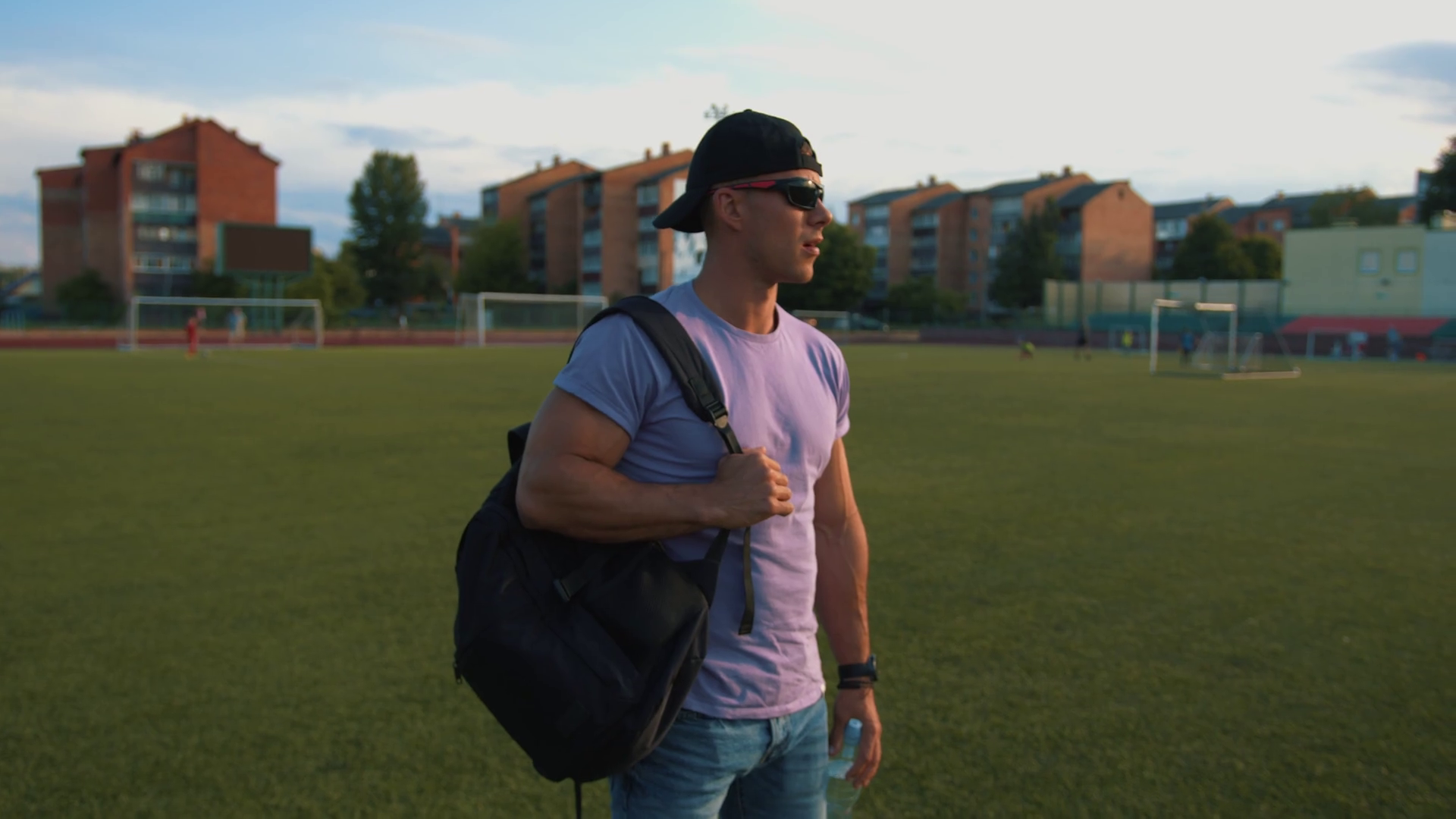 Bodybuilder With Backpack Bottle Of Water In Stock Footage SBV ...