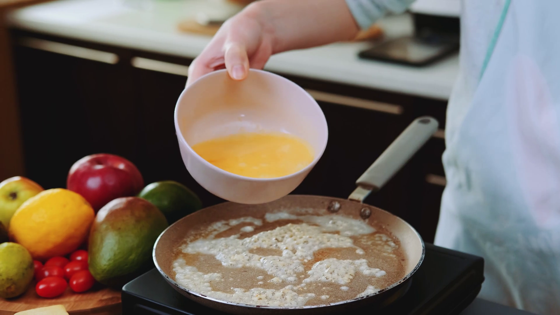 Pouring Egg Omelet Into Pan Medium Close-up Stock Footage SBV-348466439 ...