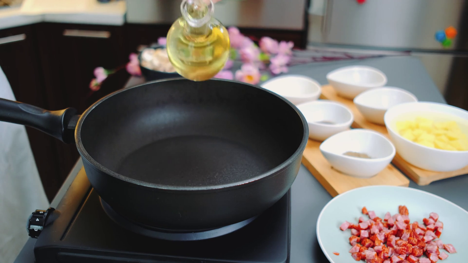 Woman Pouring Vegetable Oil Into Heated Stock Footage SBV-348453903 ...