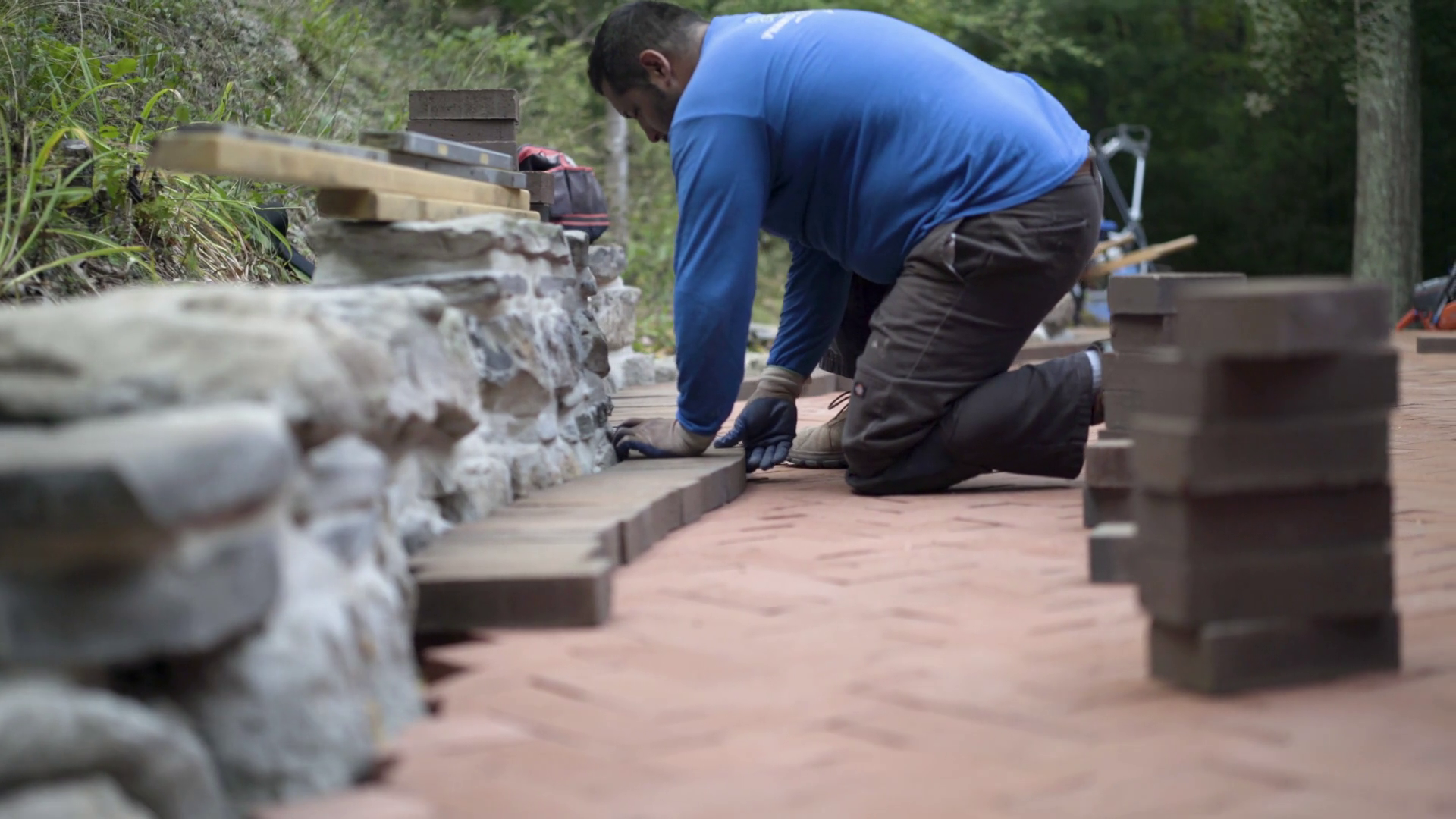 Man Lining Up Bricks Soldier Course Along Stock Footage SBV-352290212 ...