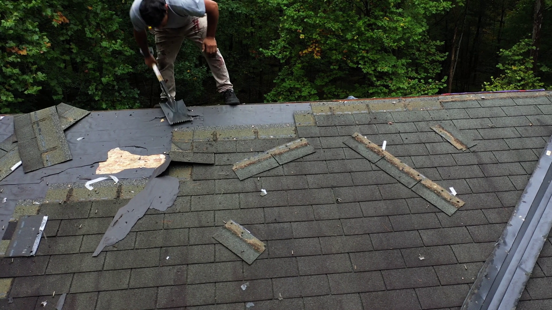 Aerial View Of Roofer Removing Old Roof Stock Footage SBV-352734167 ...