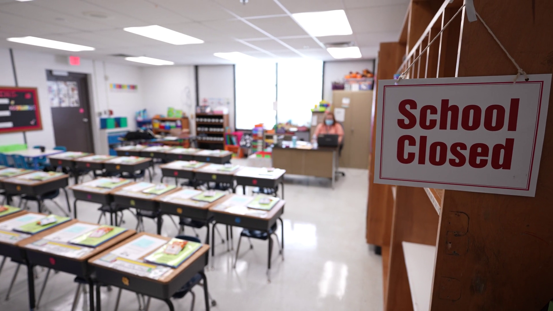 School Closed Sign In Empty School Classroom Stock Footage SBV ...