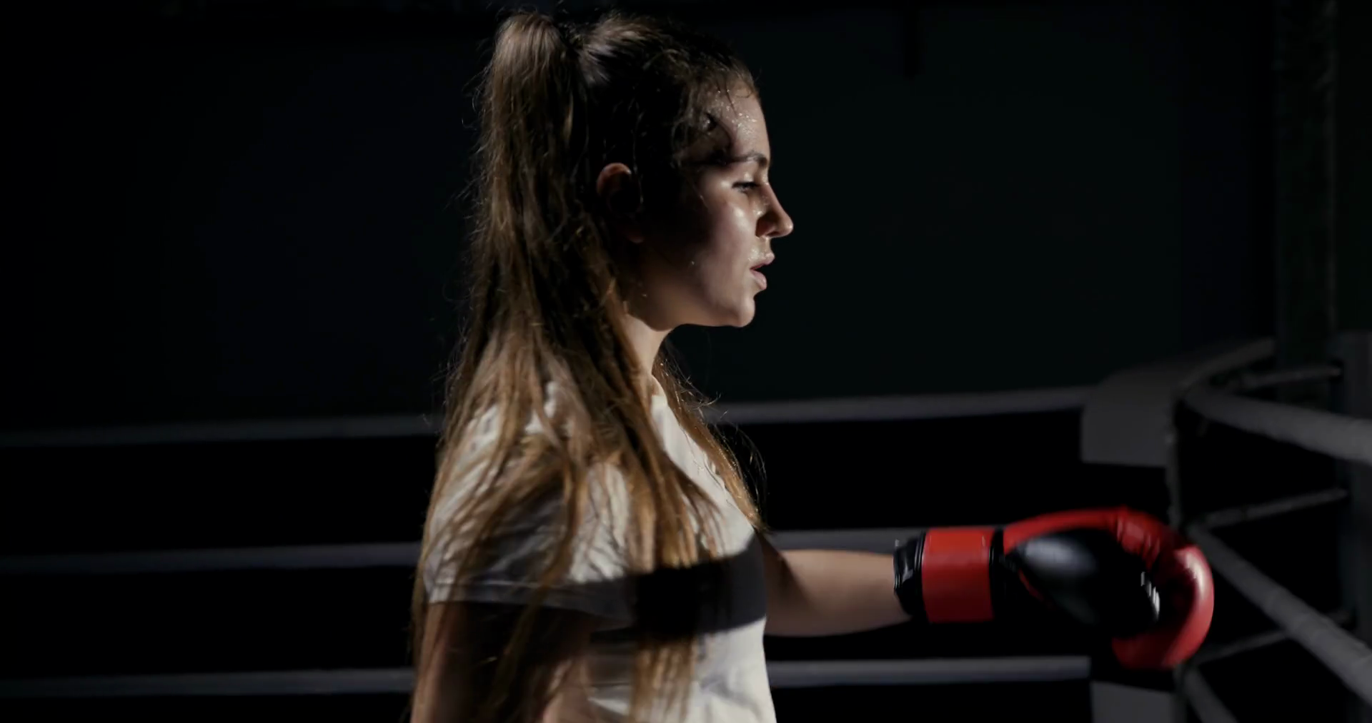 Tired Young Female Boxer Leaning On Ropes Of Stock Footage SBV ...
