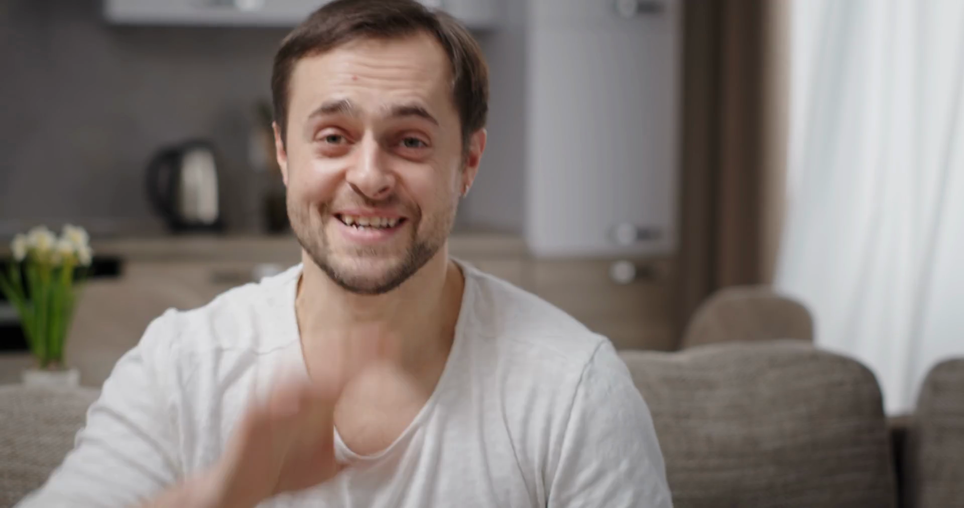 Online Video Conversation Man Happily Waving Stock Footage SBV ...