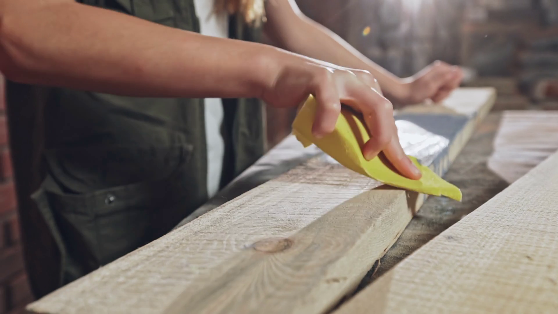 Girl Sanding Wood Beam To Smooth Down Stock Footage SBV-347621967 ...