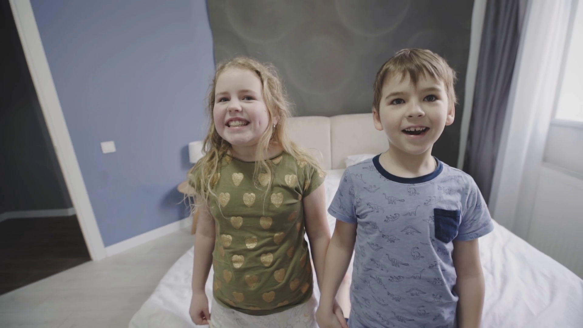 Happy Playful Girl Boy Flopping On Bed Stock Footage SBV-347654444 ...