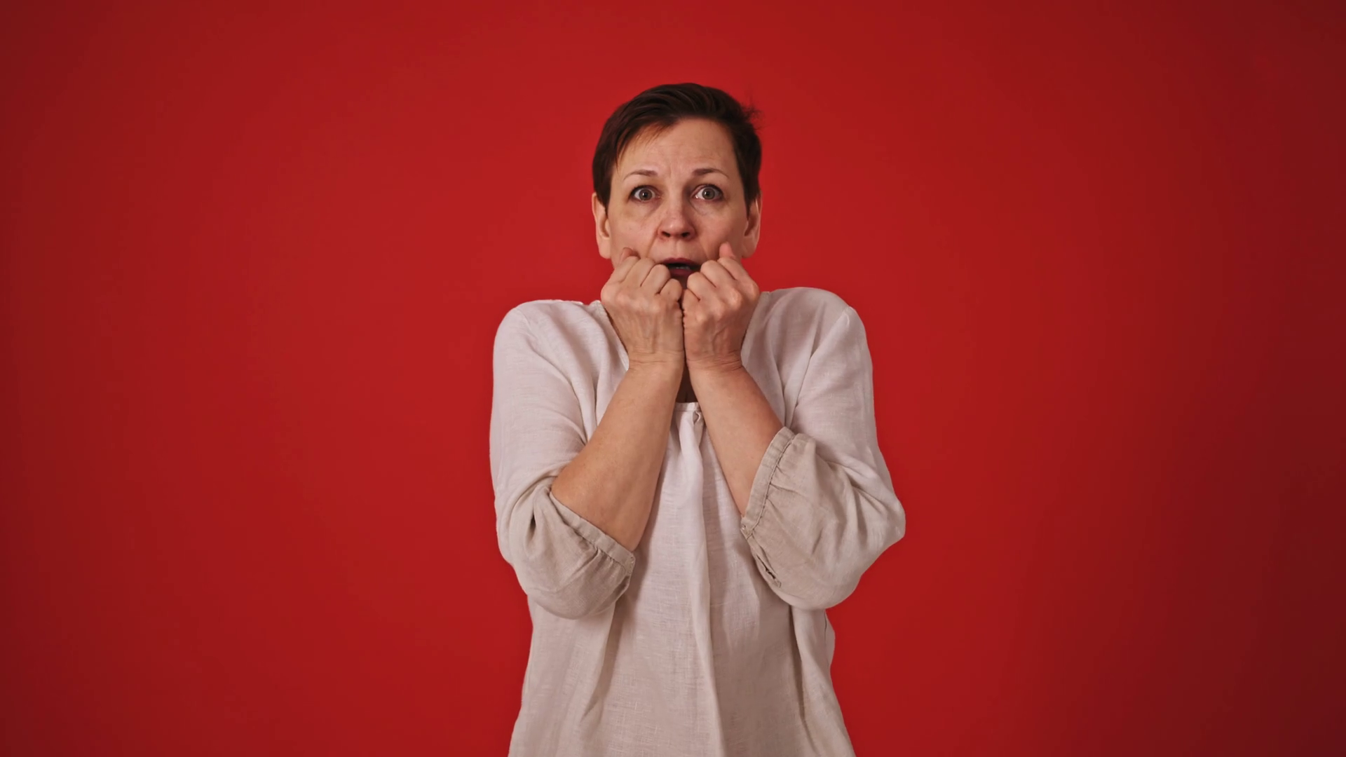 Mature Woman Experiencing Fear Horror On Red Stock Footage SBV ...