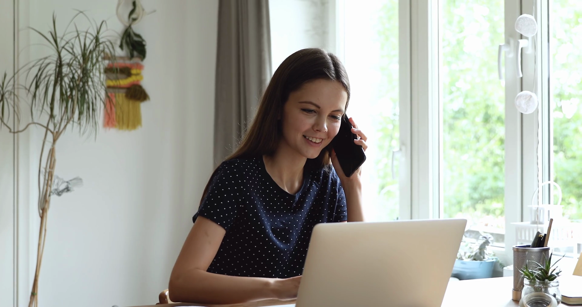 Attractive young european businesswoman holding mobile phone call with ...