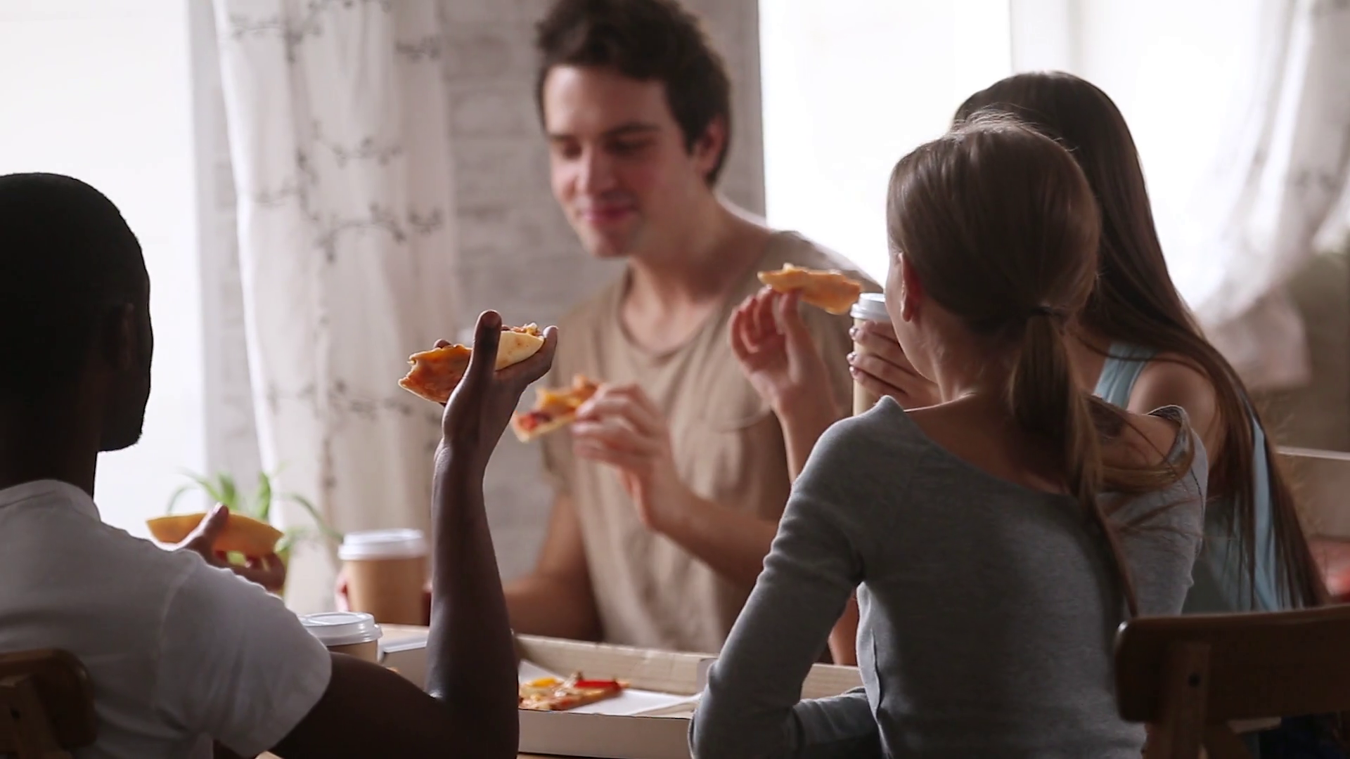 Diverse Friends Chatting Eating Pizza Stock Footage SBV-338184456 ...