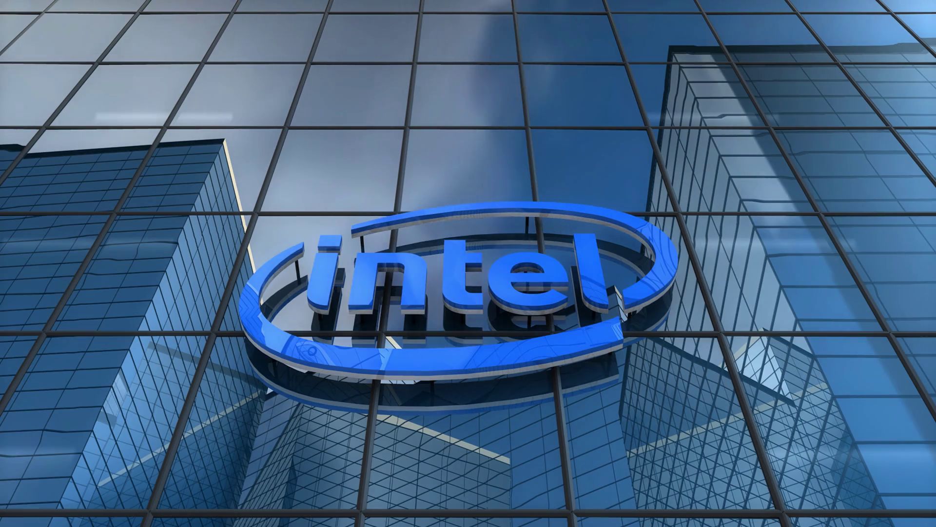 Editorial, Intel logo on glass building. Motion Background 00:10 SBV ...
