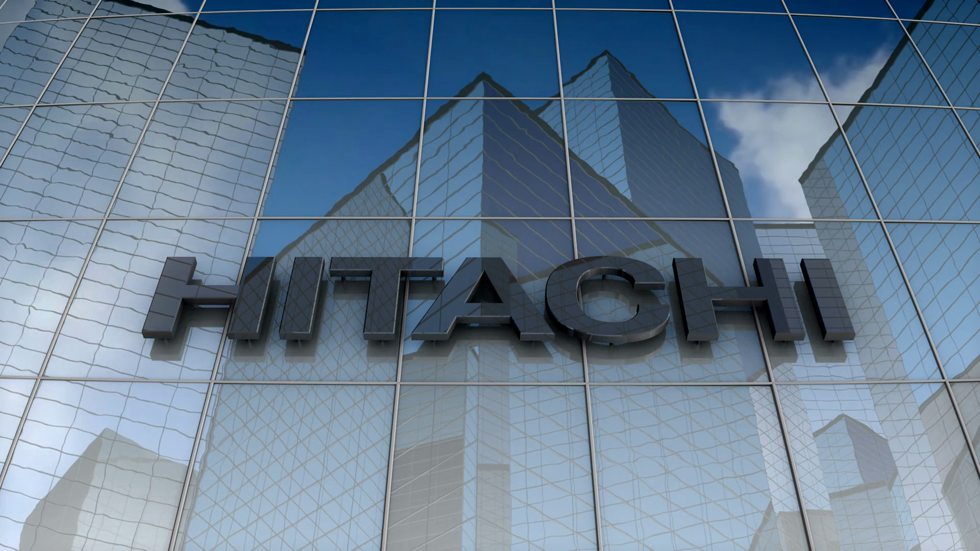 Editorial, Hitachi, Ltd. logo on glass building. Motion Background 00: ...