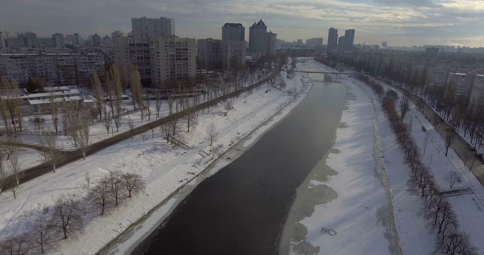 Aerial view on the town in eastern europe. Winter season in city. Urban ...