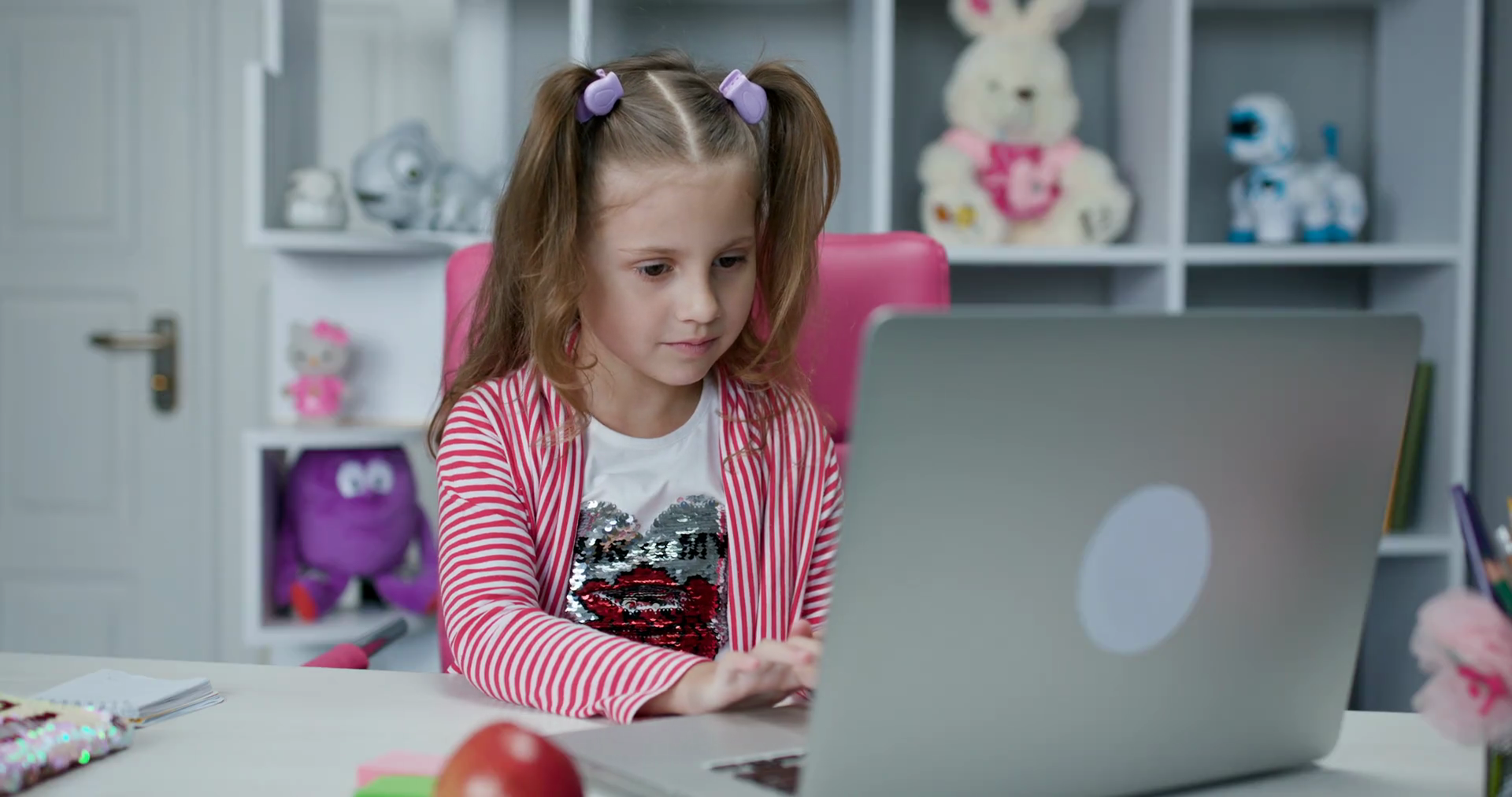 Children remote education on quarantine concept. Pretty girl distance ...