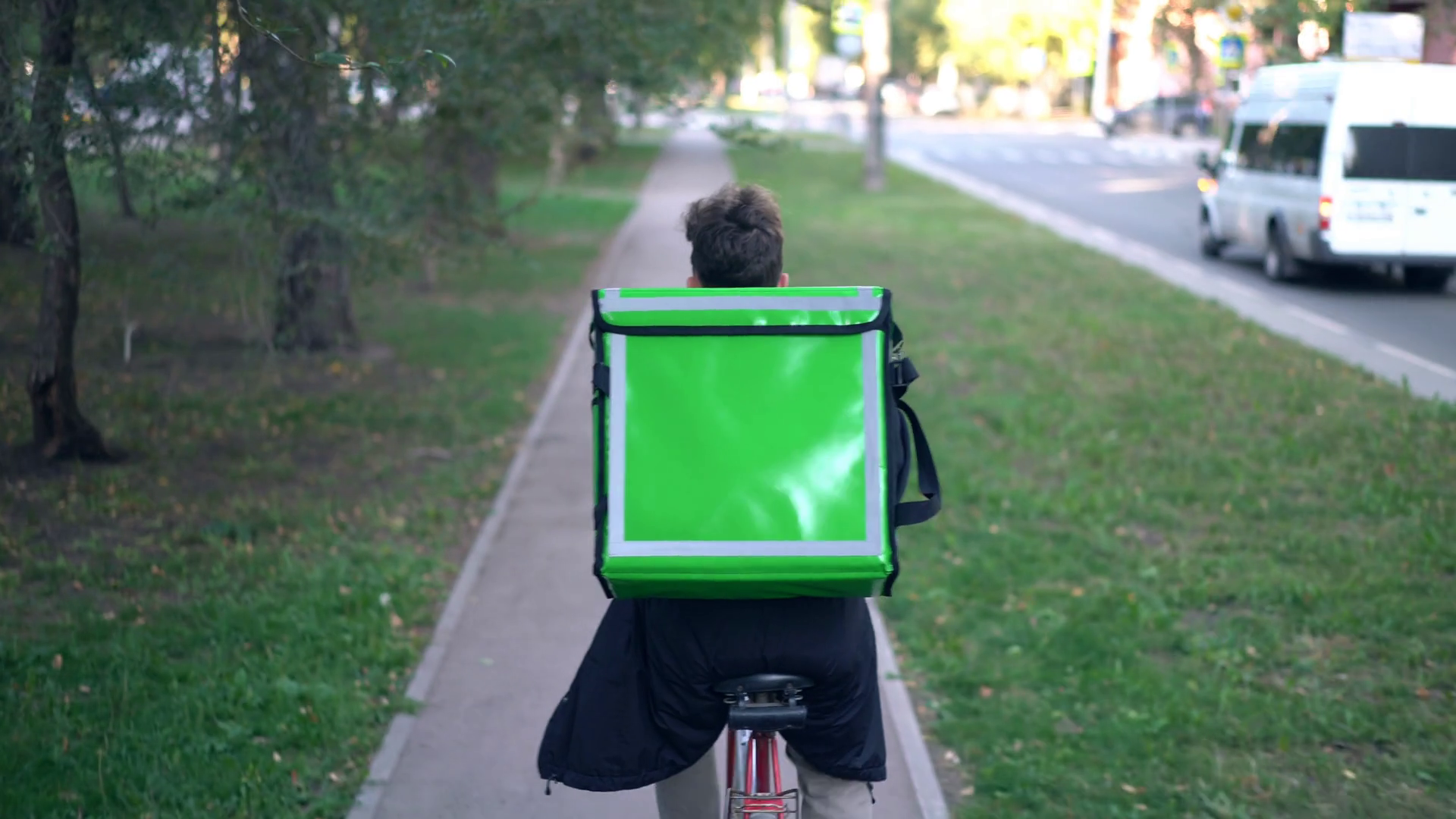 Delivery Man With Green Backpack Rides Stock Footage SBV-337591678 ...