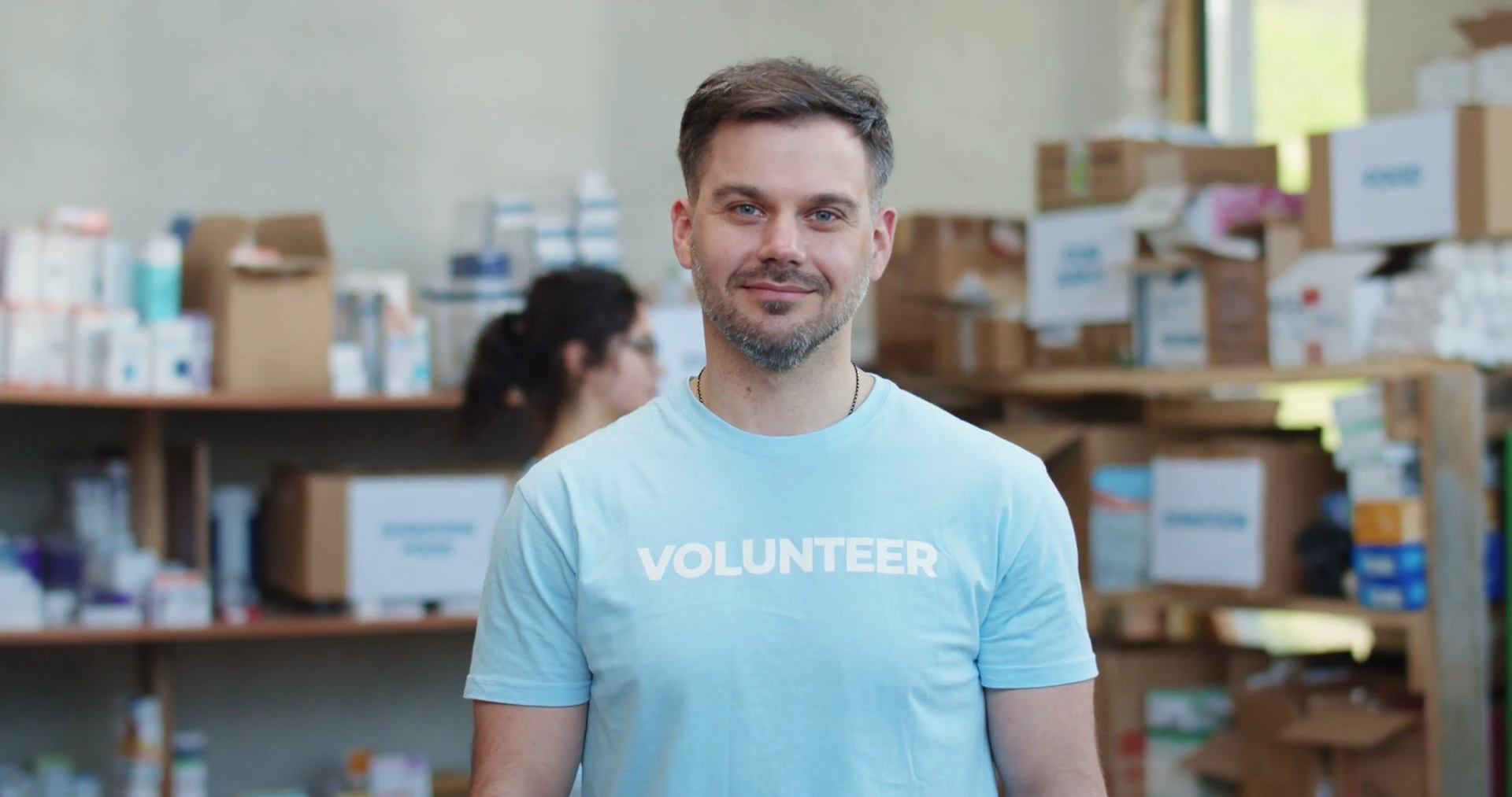 Caucasian Food Bank Worker In Blue Uniform Stock Footage SBV-348693080 ...