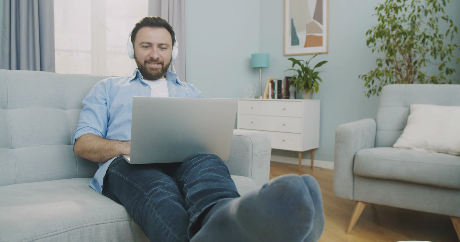 Middle Plan Of Man With Beard Blue Shirt Stock Footage SBV-347466339 ...