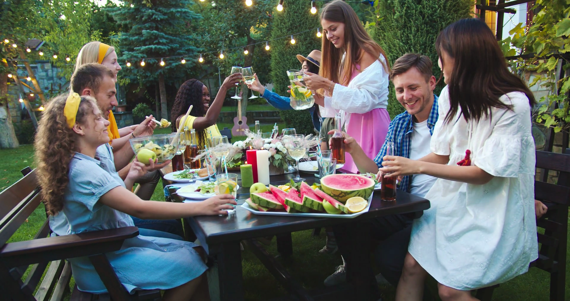 Joyful Mixed-race People Eating Drinking At Stock Footage SBV-348667029 ...