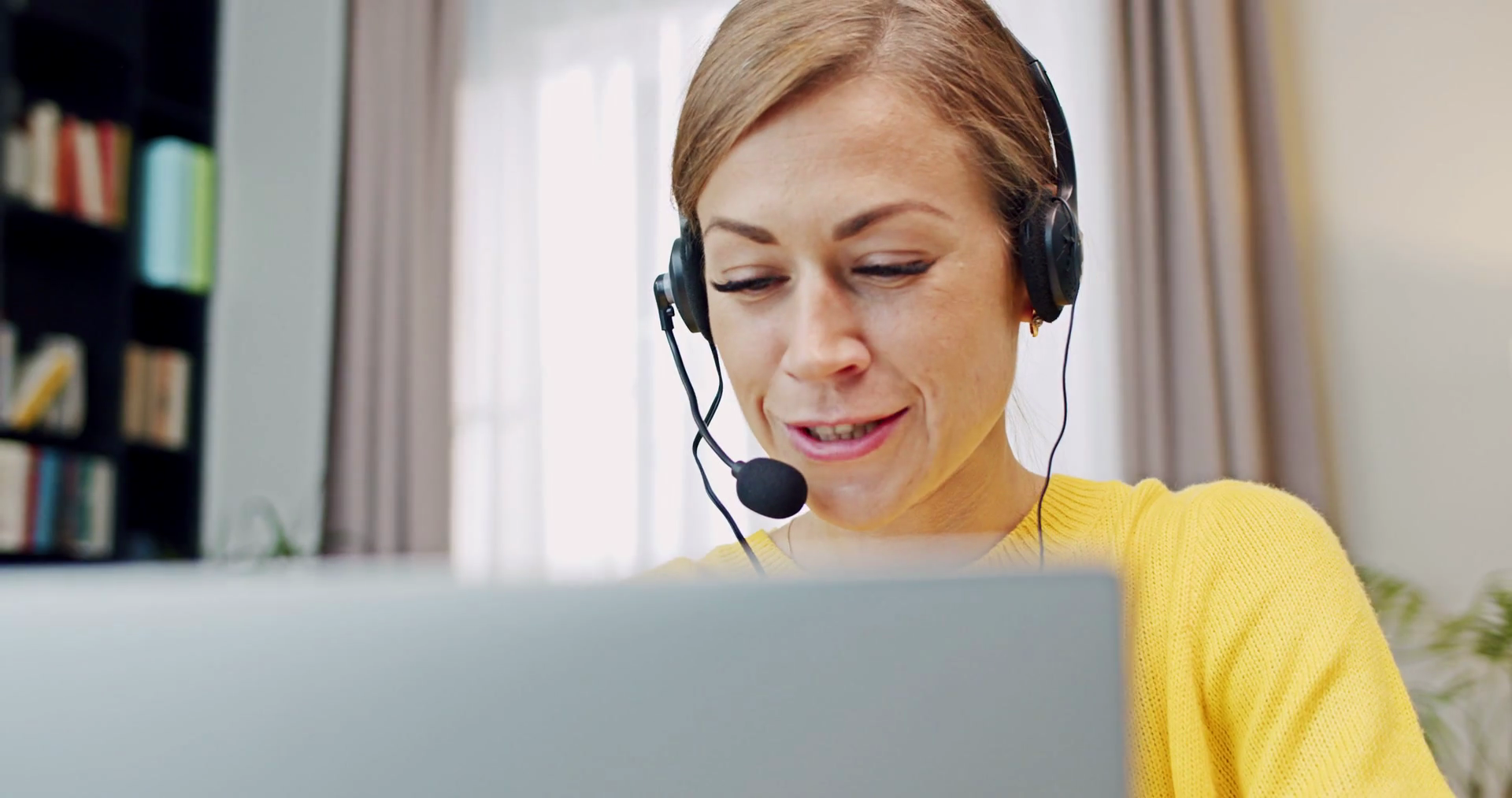 Caucasian Woman In Headset Mic Working At Stock Footage SBV-347362537 ...