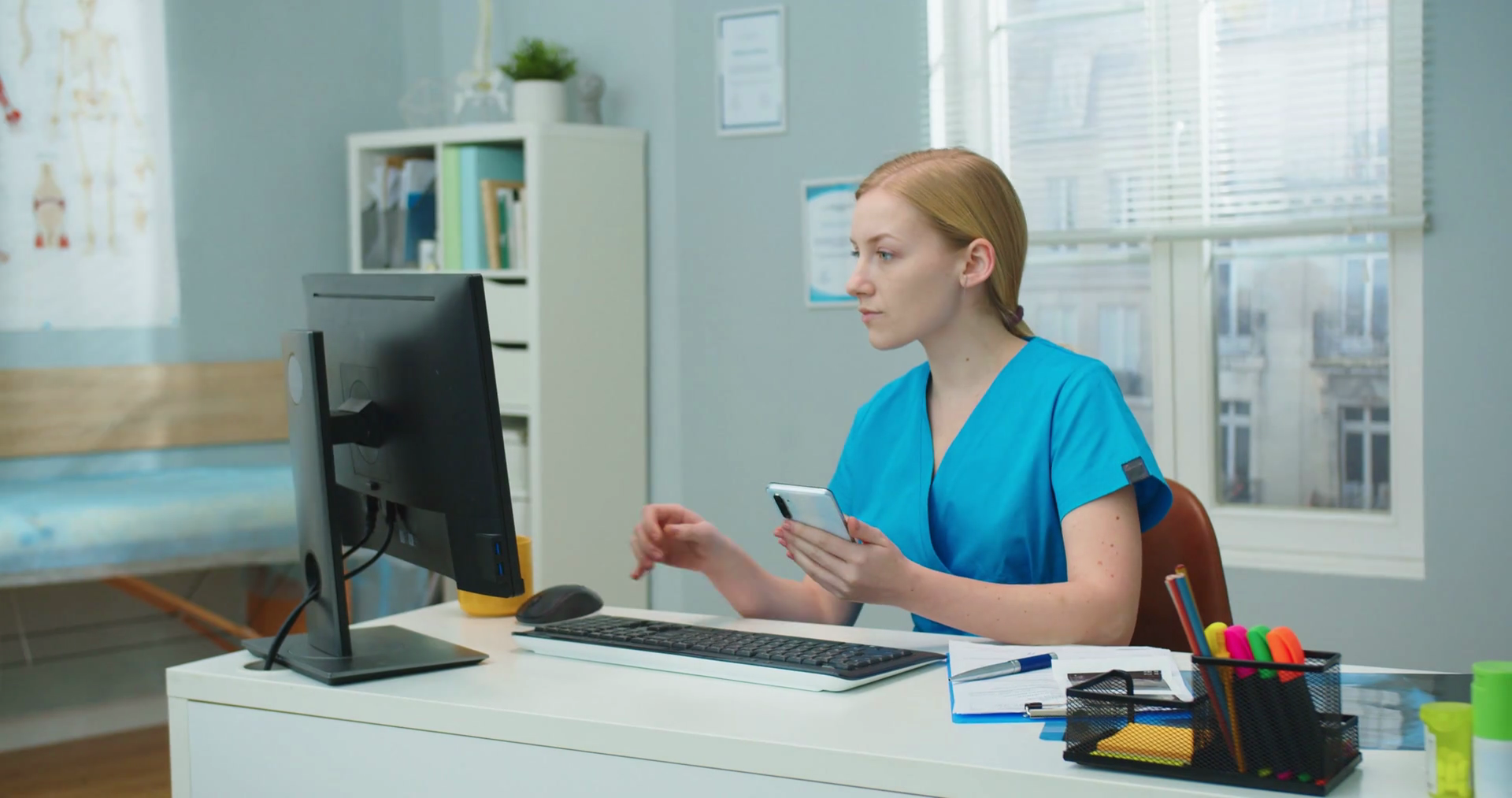 Female Nurse Comparing Reports On Computer Stock Footage SBV-347741832 ...