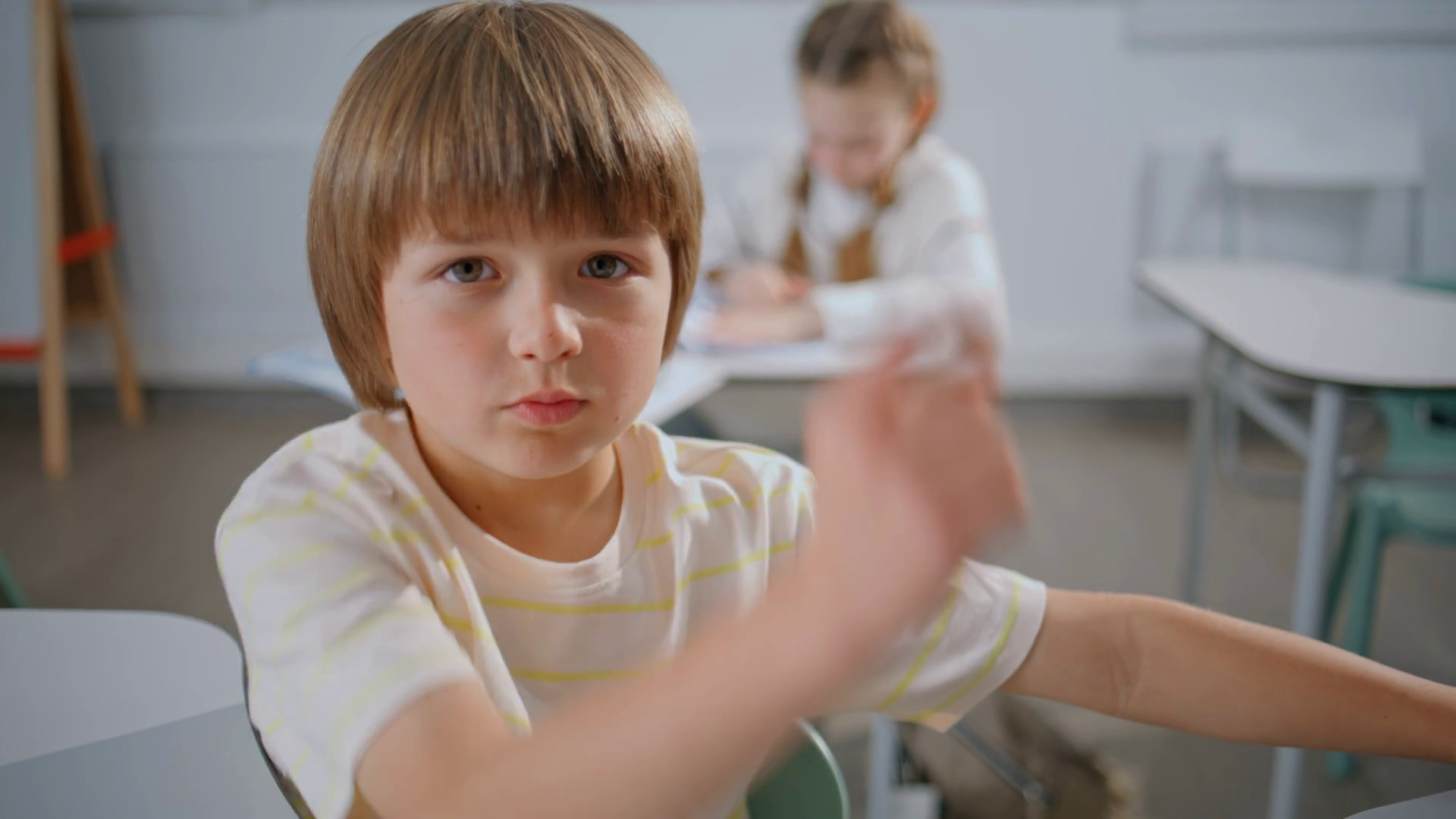 Little Schoolboy Looking Camera Sitting Stock Footage SBV-351984284 ...