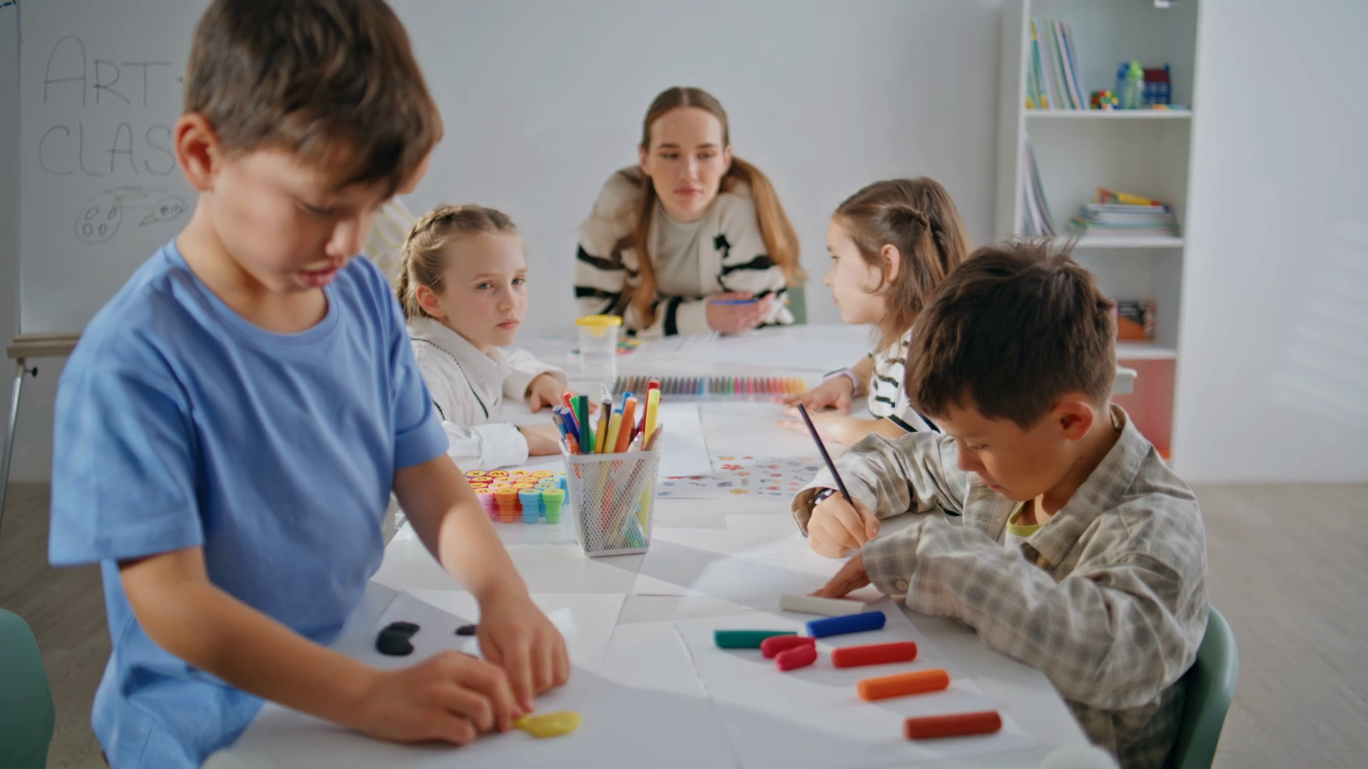 Inspired Children Enjoying Art Lesson In Stock Footage SBV-351990647 ...