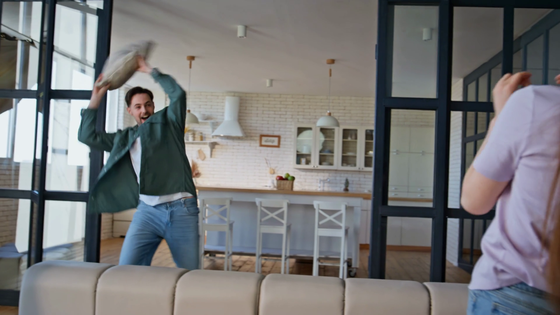 Playful Spouses Fighting Pillows At Modern Stock Footage SBV-351842156 ...
