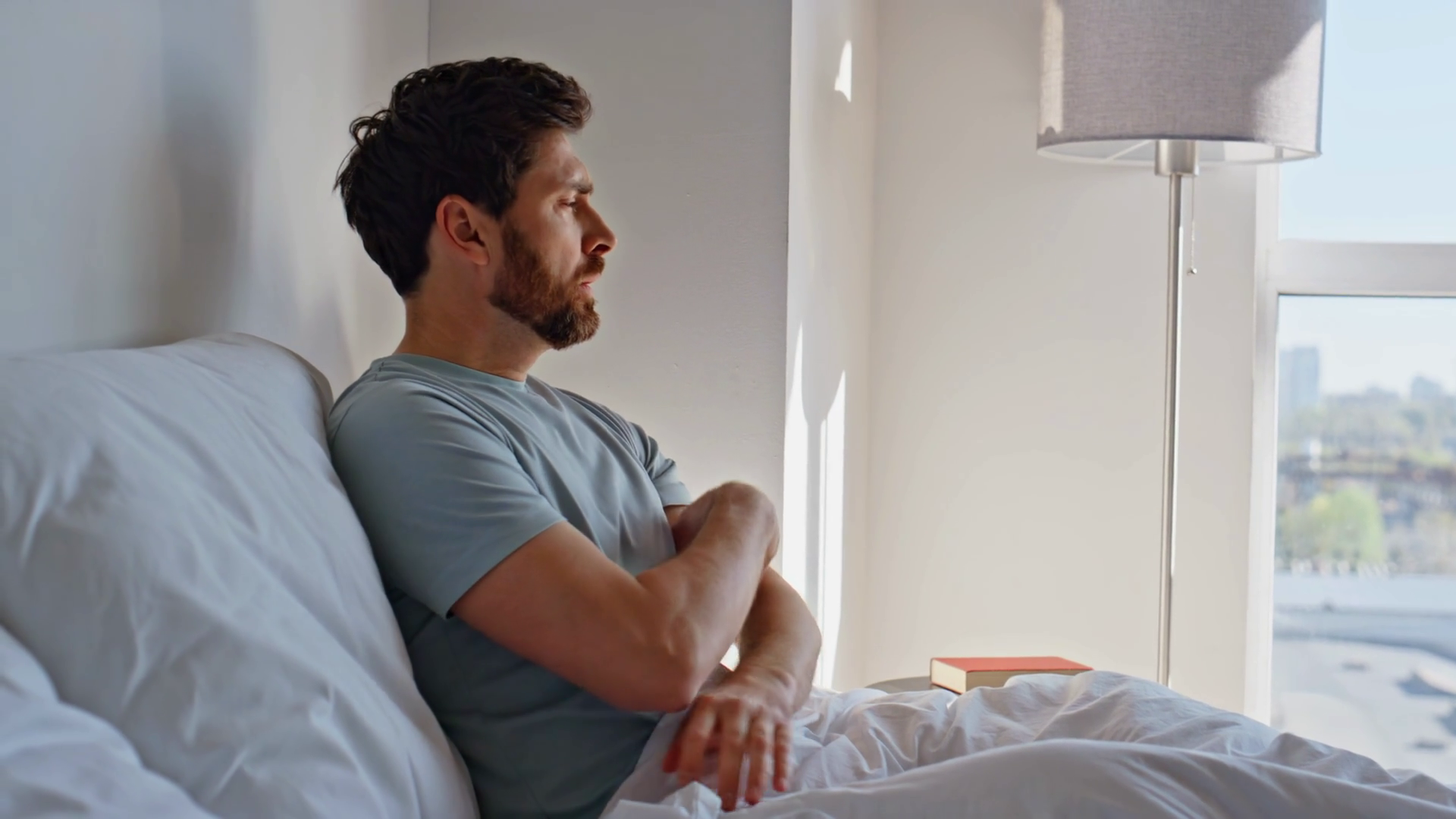 Sad Guy Sitting Bed Modern Hotel Room Stock Footage SBV-351957216 ...