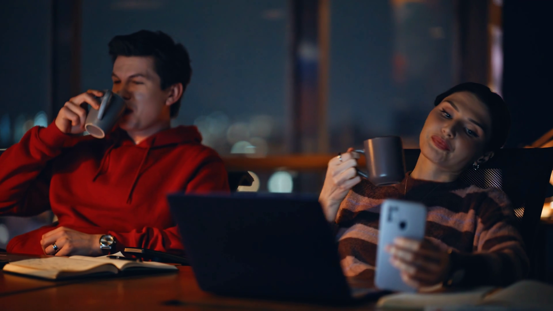 Late Workers Drinking Coffee At Night Office Stock Footage SBV ...