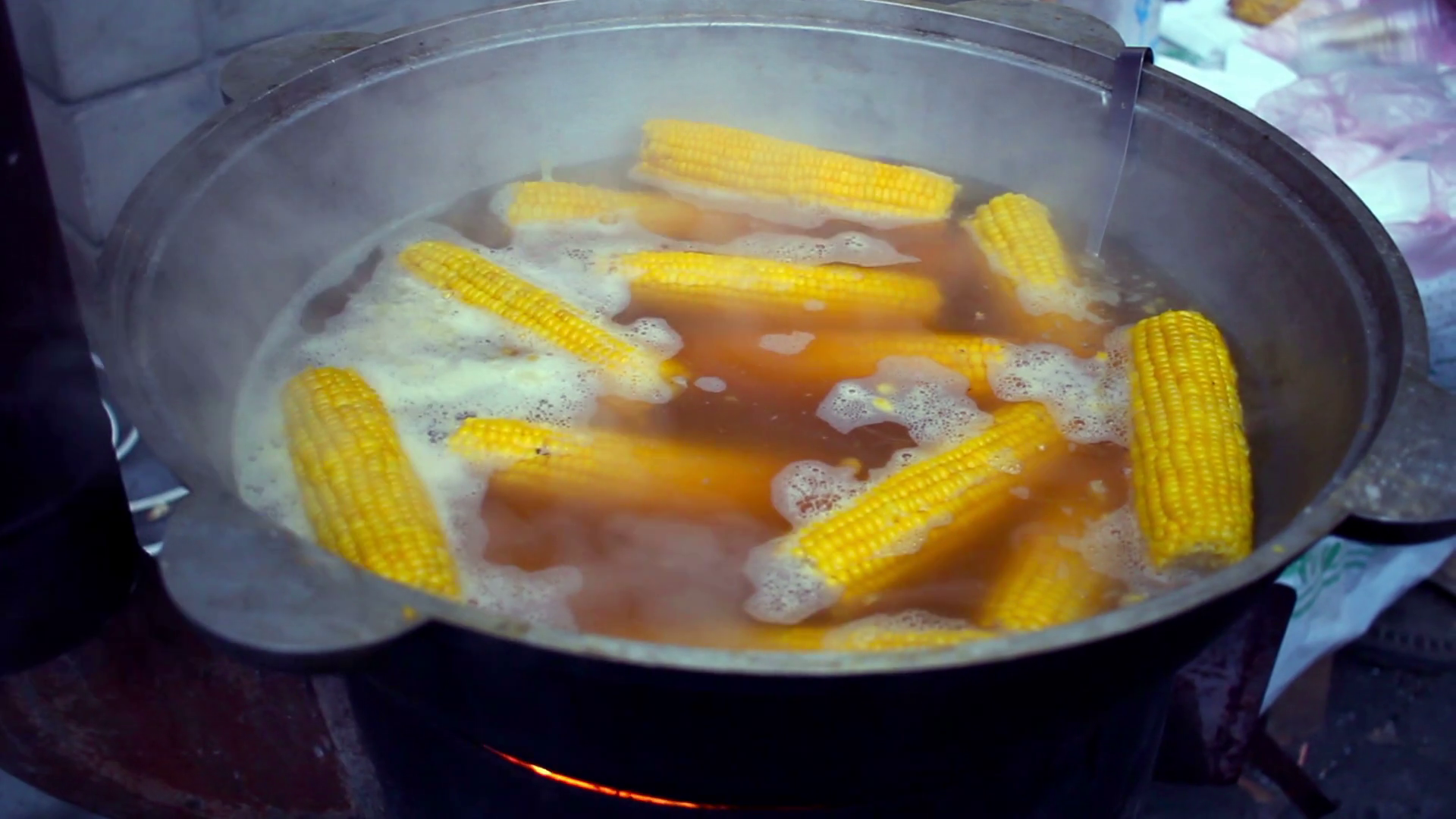 Corn Boiled In Pan Street Food Cooking Corn Stock Motion Graphics SBV ...