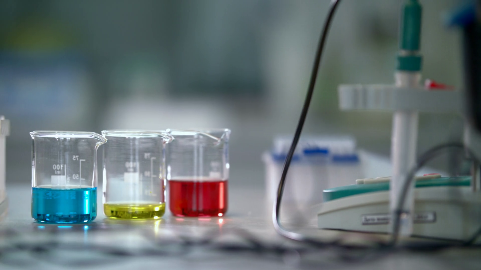 Laboratory glassware in chemical lab. Panning on measuring cups and lab ...