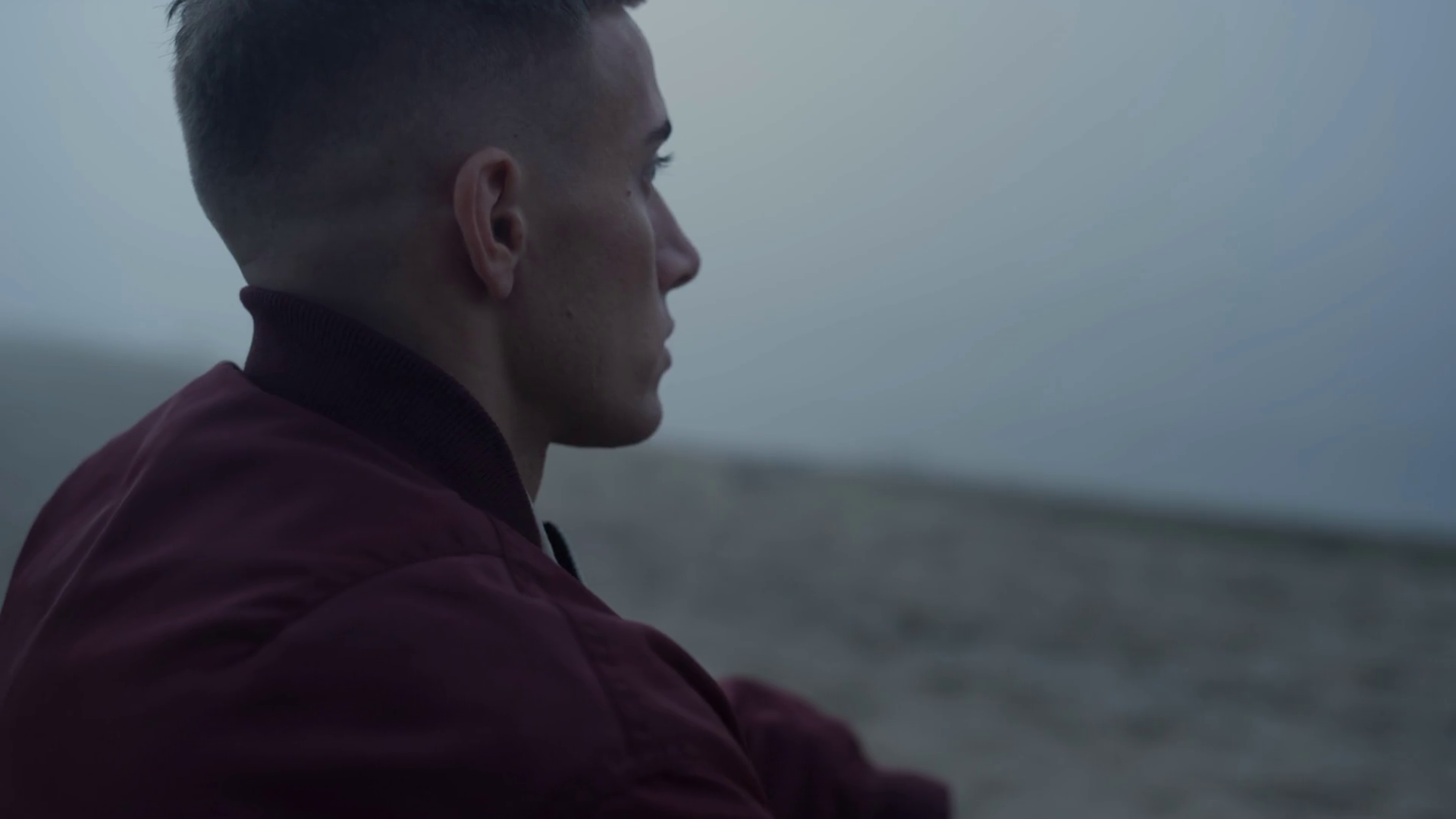 Side view stressed guy looking ocean landscape in morning. Closeup ...
