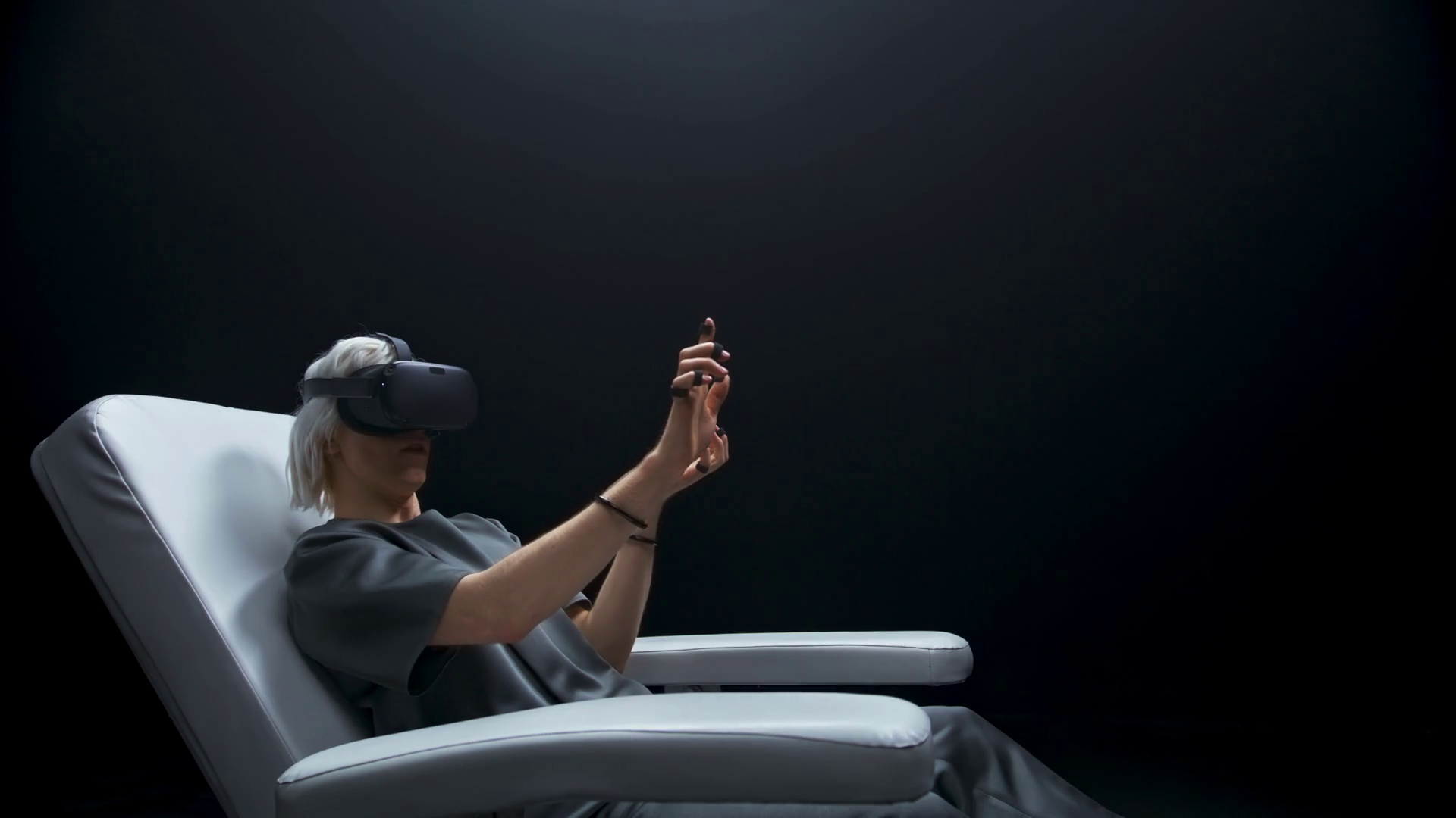 Science fiction person gesturing virtual reality closeup. Control ...