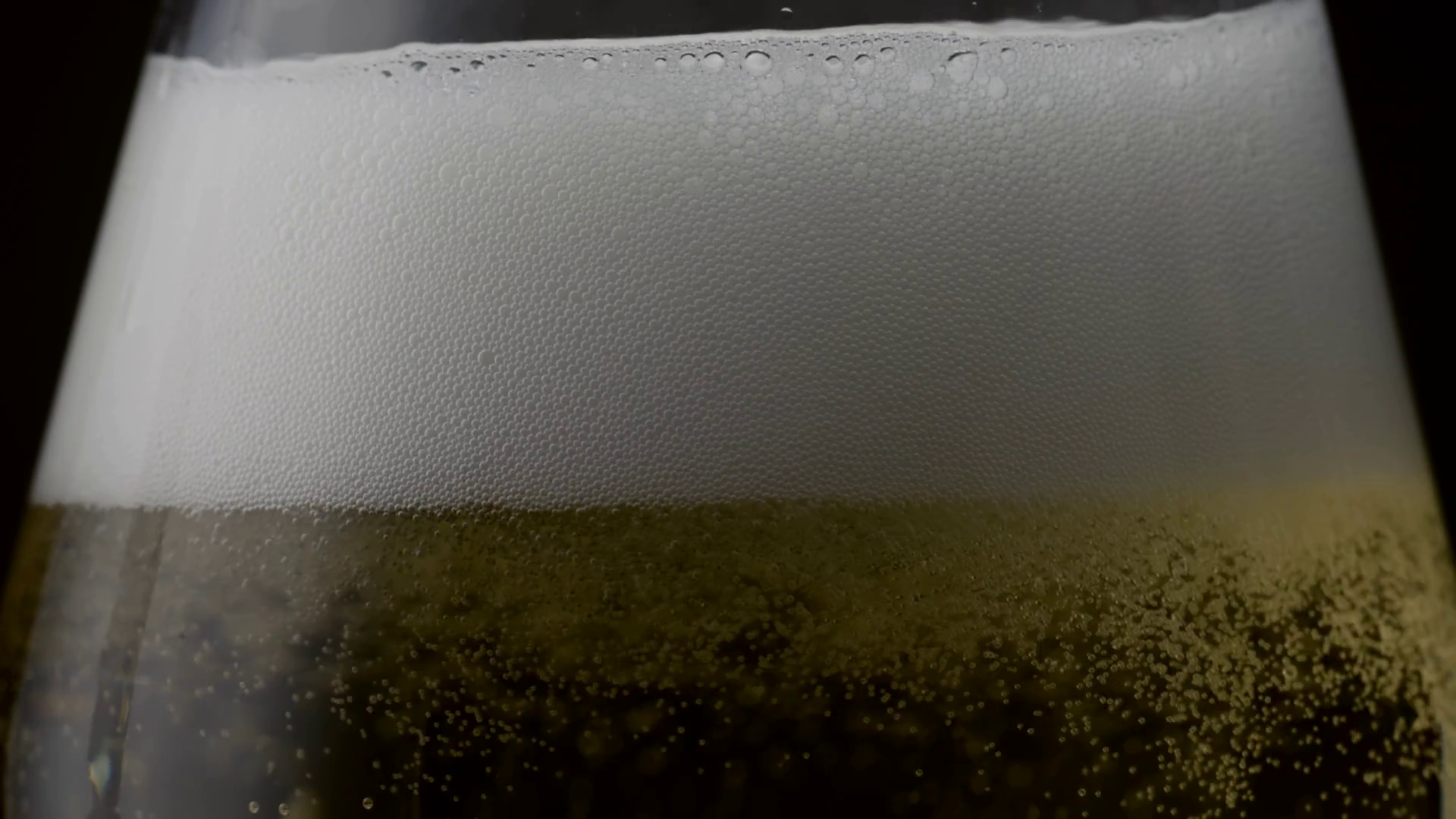 Bubbly sparkling wine foam rising over golden drink surface on black background close up. Air ...