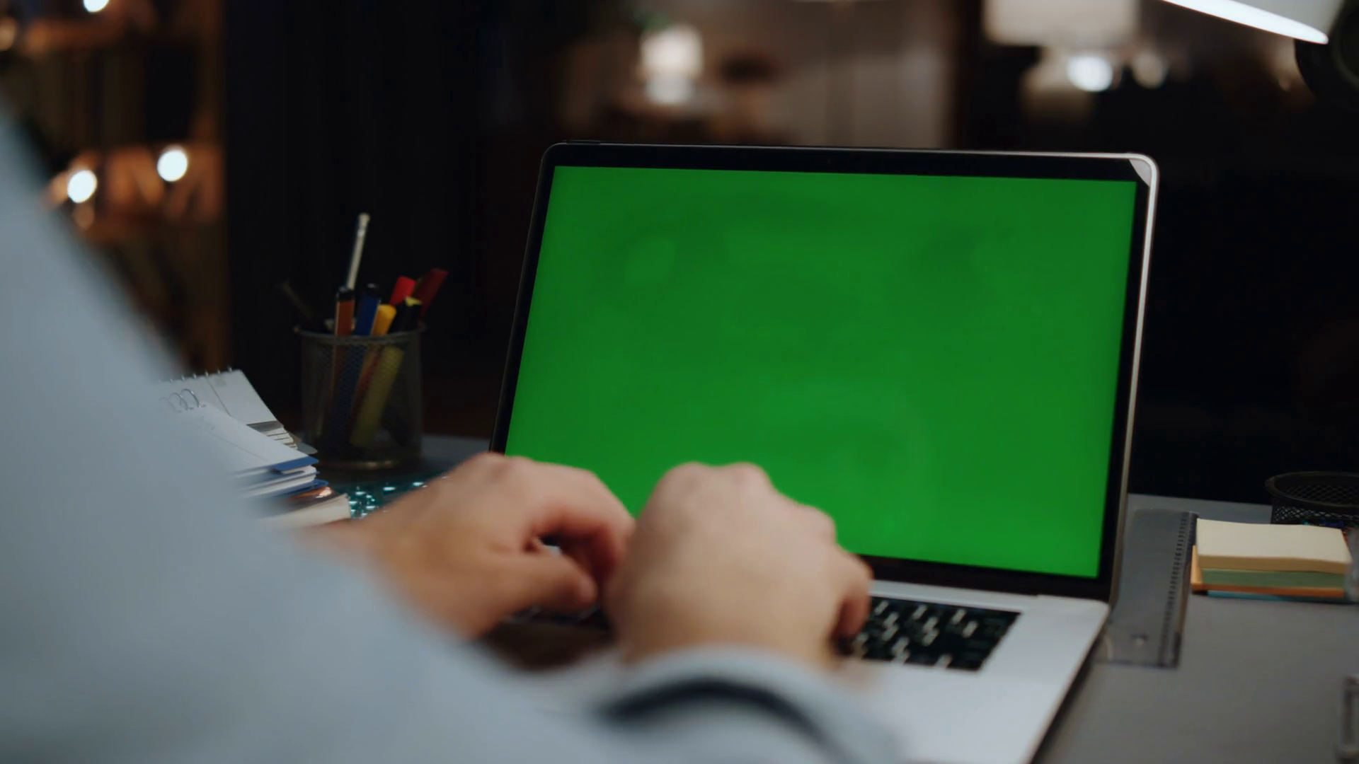 Man hands typing chromakey laptop at remote workplace closeup. Unknown ...