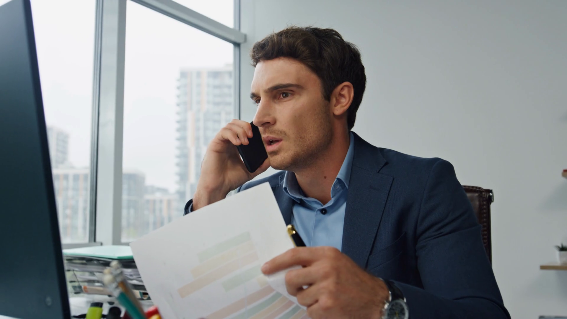 Stressed Manager Talking Cellphone Dealing Stock Footage SBV-347348237 ...