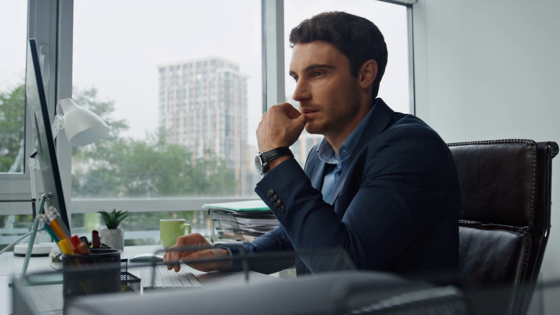 Pensive Worker Working Computer In Office Stock Footage SBV-347348172 ...