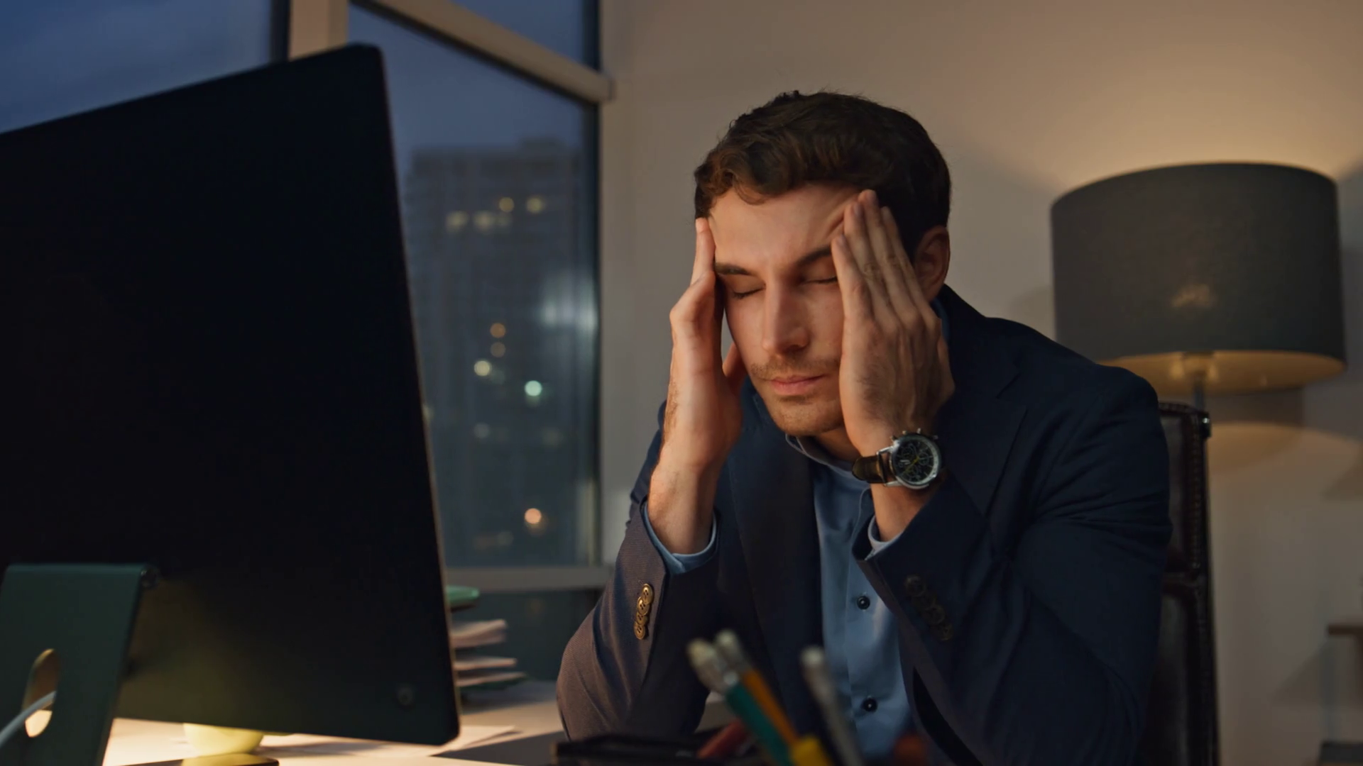 Stressed Employee Massaging Head Closeup Stock Footage SBV-347348594 ...